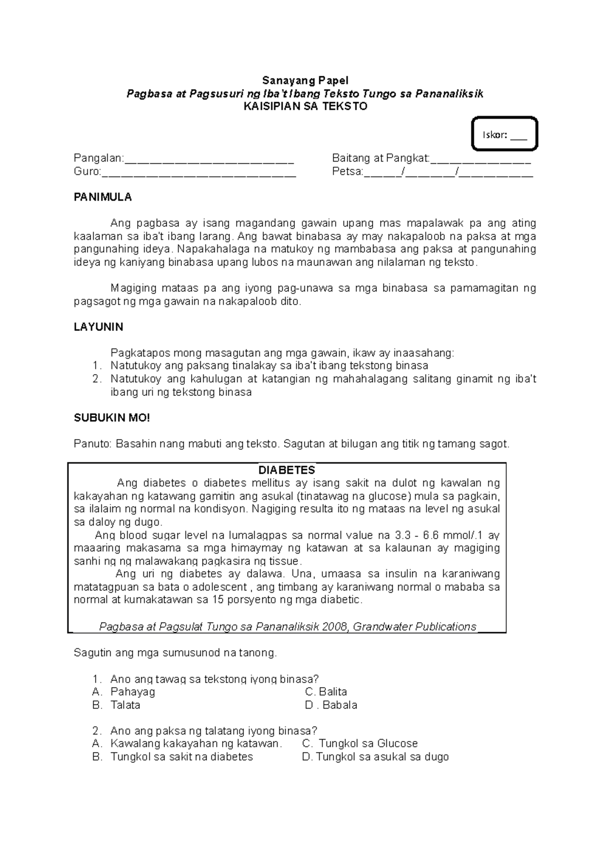 K3 LAS 1 Edited - Filipino - Sanayang Papel Pagbasa at Pagsusuri ng Iba ...