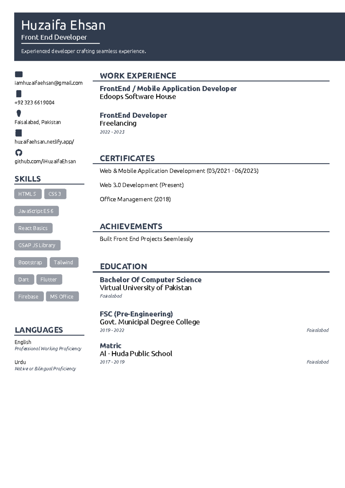 Huzaifa's Resume - Huzaifa Ehsan Front End Developer Experienced ...
