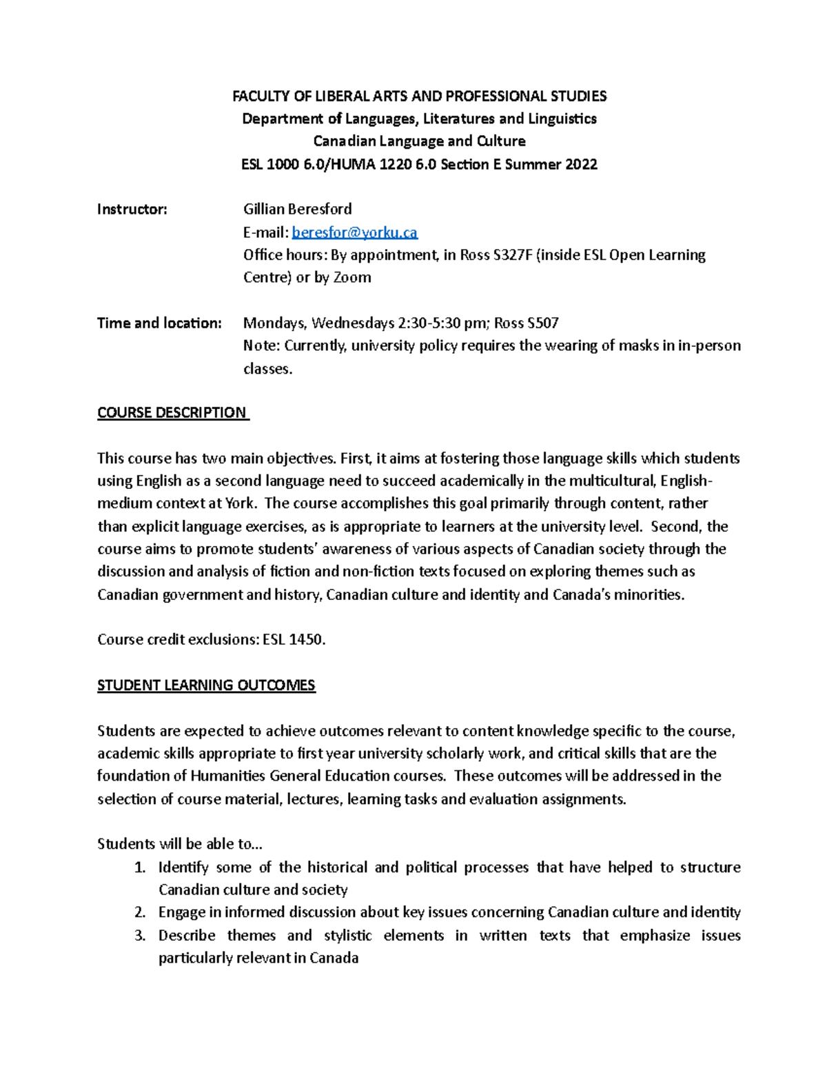 Course outline - FACULTY OF LIBERAL ARTS AND PROFESSIONAL STUDIES ...