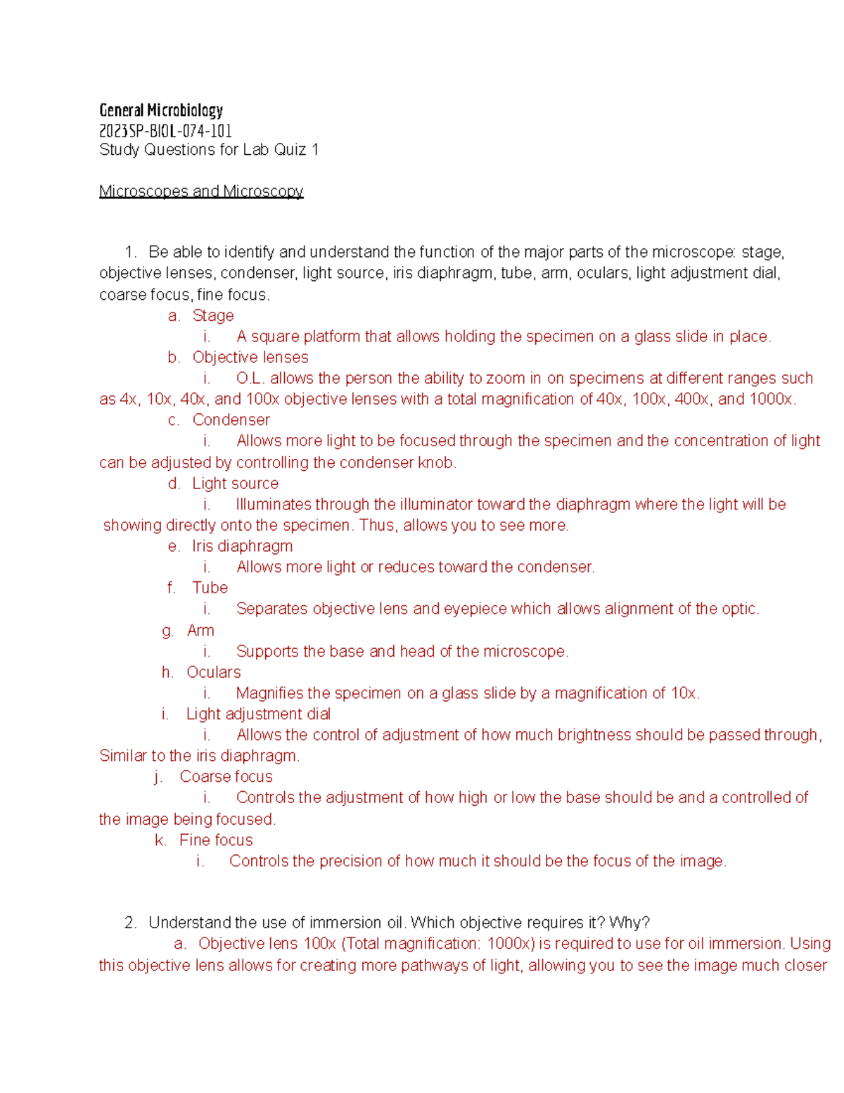 Study Questions for Lab Quiz 1 - General Microbiology 2023SP-BIOL-074 ...