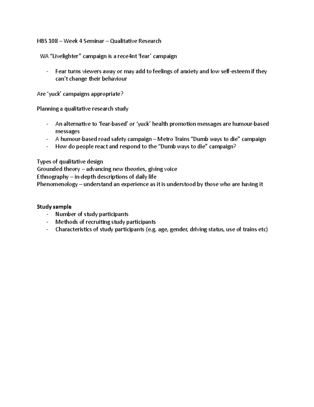 HBS 108 week 4 - Lecture notes 4 - HBS 108 – Week 4 Seminar ...