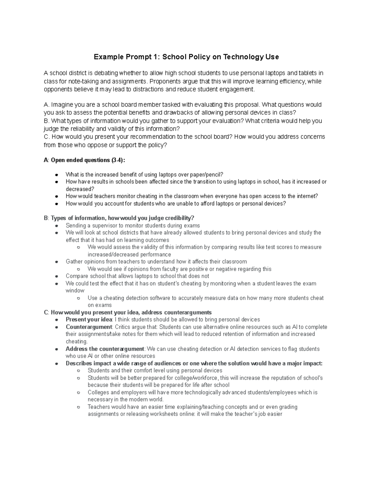 Prompt Planning Practice - Example Prompt 1: School Policy on ...