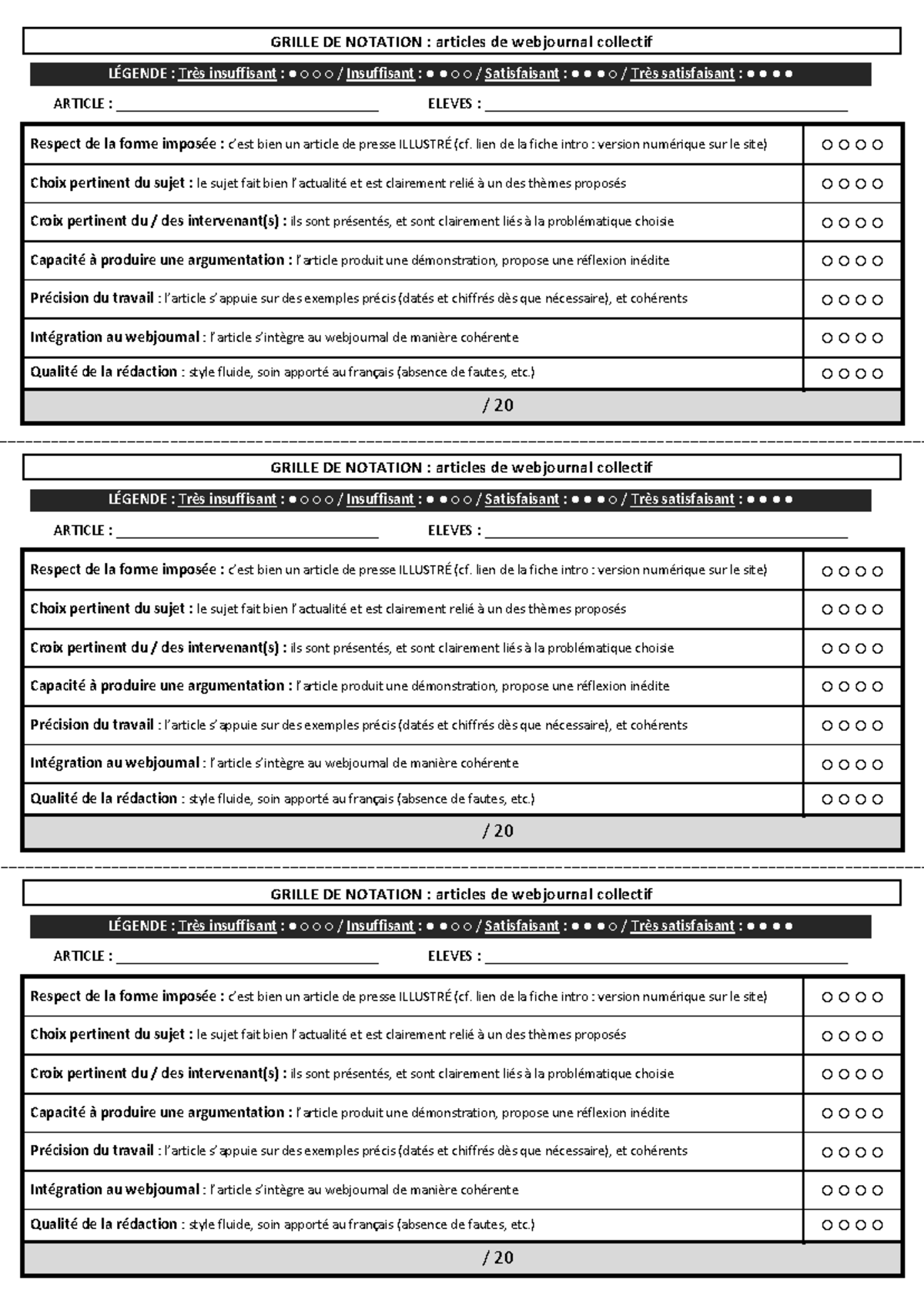 Grille Notation Articles (3ex) - GRILLE DE NOTATION : articles de ...