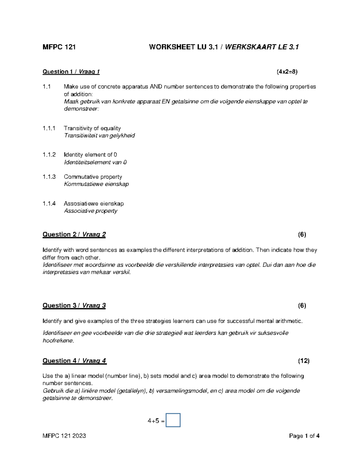 MFPC 121 - Worksheet LU 3.1 - Addition Subtraction - MFPC 121 WORKSHEET ...