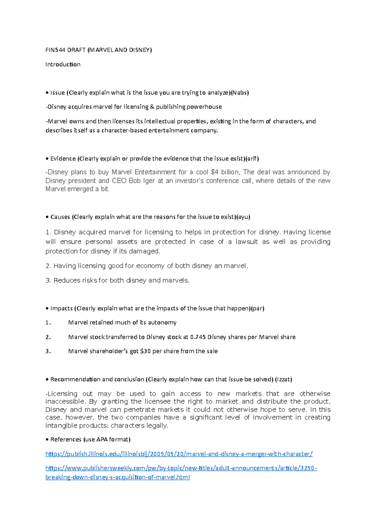 Fin544 draft assignment 2019 - FIN544 DRAFT (MARVEL AND DISNEY ...