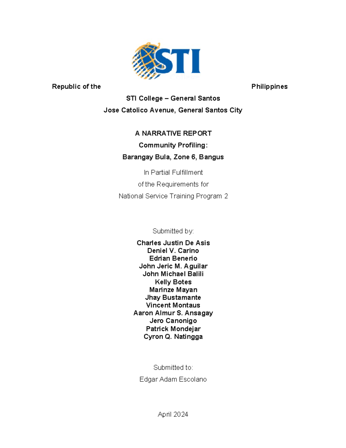 Narrative Report Arranged NSTP - Republic of the Philippines STI ...