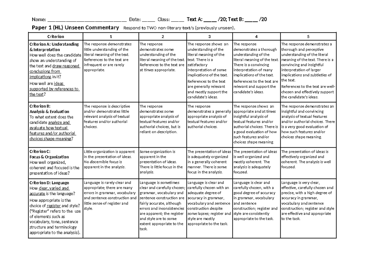 Paper-1-Rubric HL - engels - Name: ______________________________ Date ...
