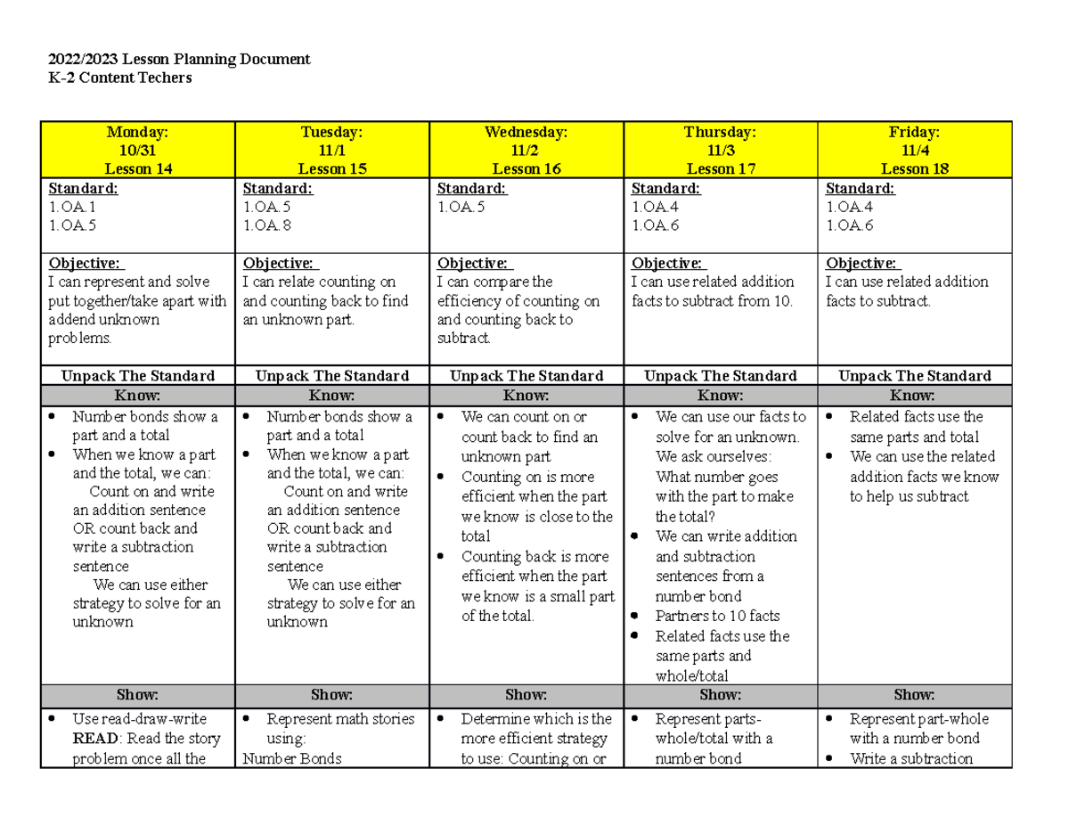 1st LP Week of 10-31 - Math Lesson Plans - K-2 Content Techers Monday ...