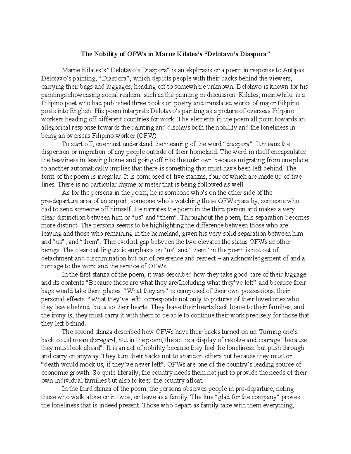 Lit14 Midterm Essay - The Nobility of OFWs in Marne Kilates’s “Delotavo ...