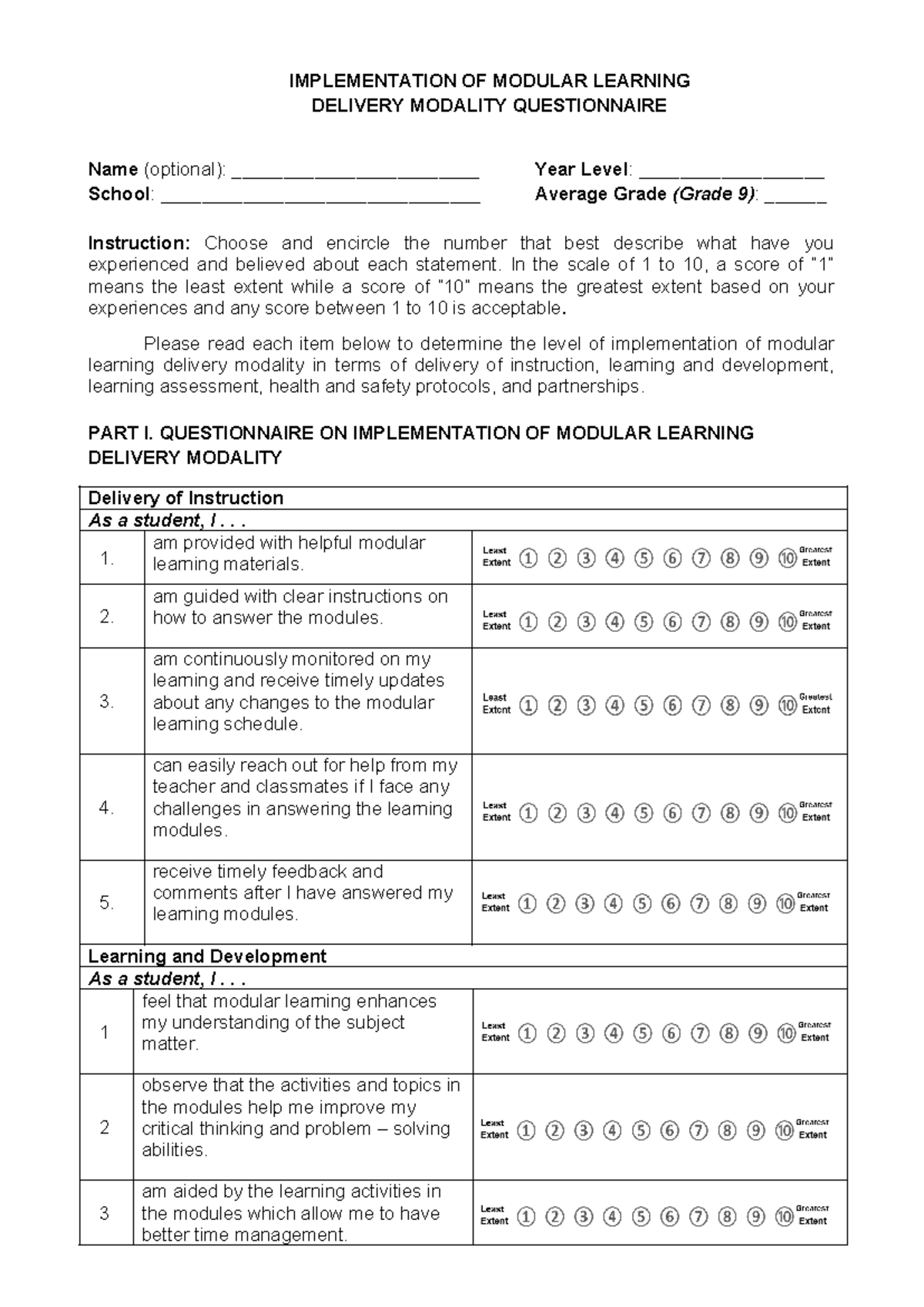 Survey-TOOL 5232024 - IMPLEMENTATION OF MODULAR LEARNING DELIVERY ...