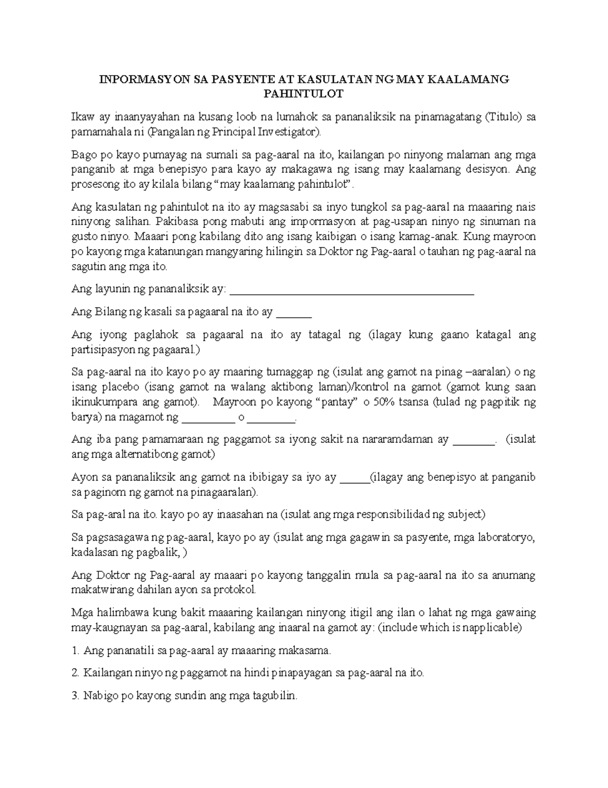 Sample consent form-tagalog clinical trial MUM - INPORMASYON SA ...