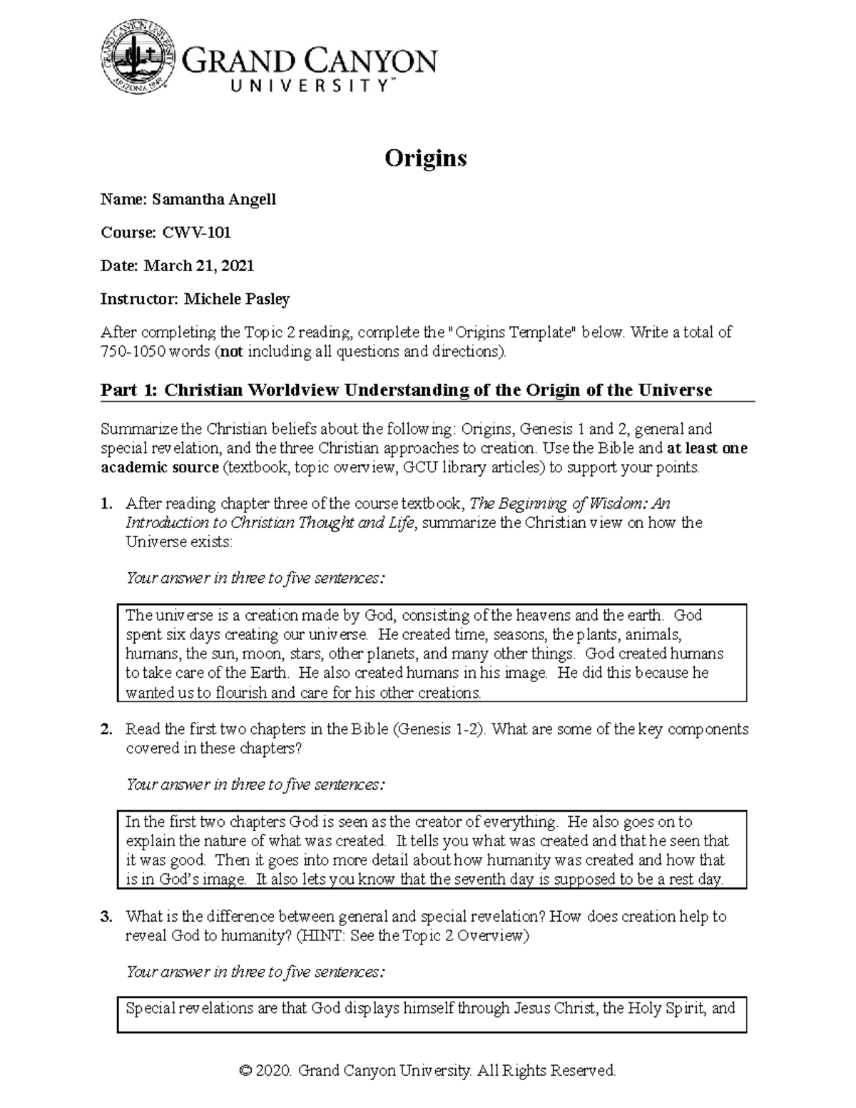 Origins - Origins Name: Samantha Angell Course: CWV- Date: March 21 ...