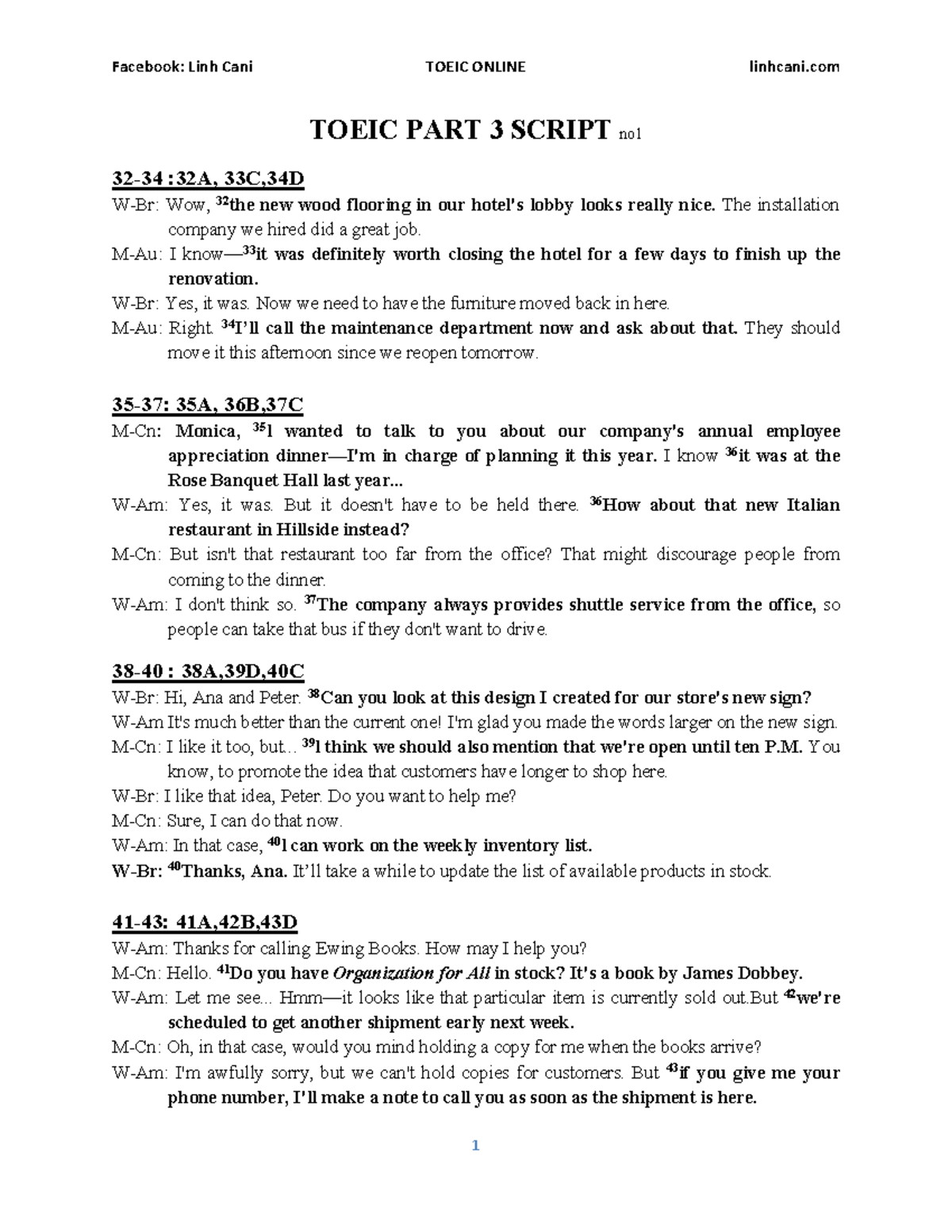 Part 3 key - aaaaaaaaaaa - TOEIC PART 3 SCRIPT no 32-34 :32A, 33C,34D W ...