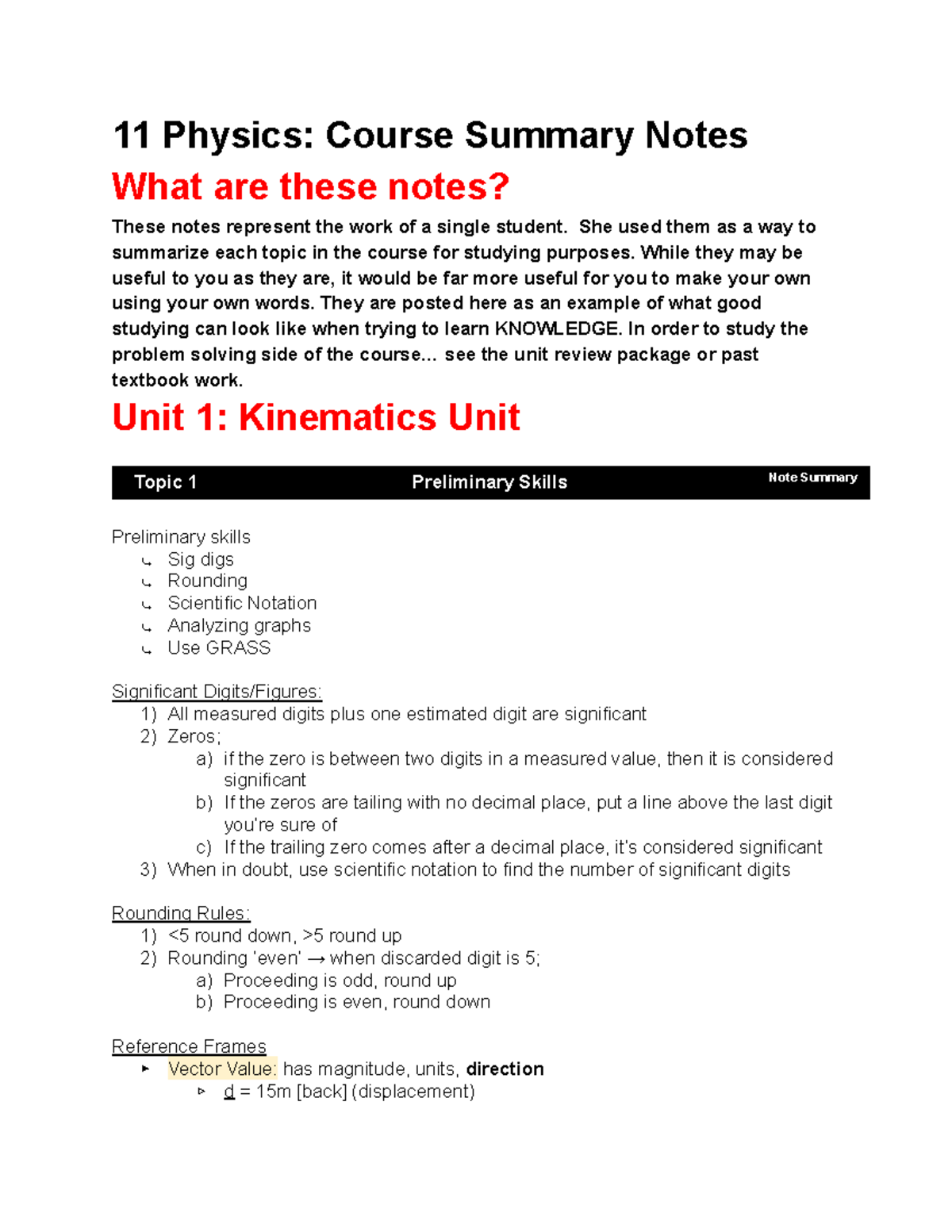 Copy of 11 Physics - Course Summary Example Notes - 11 Physics: Course ...