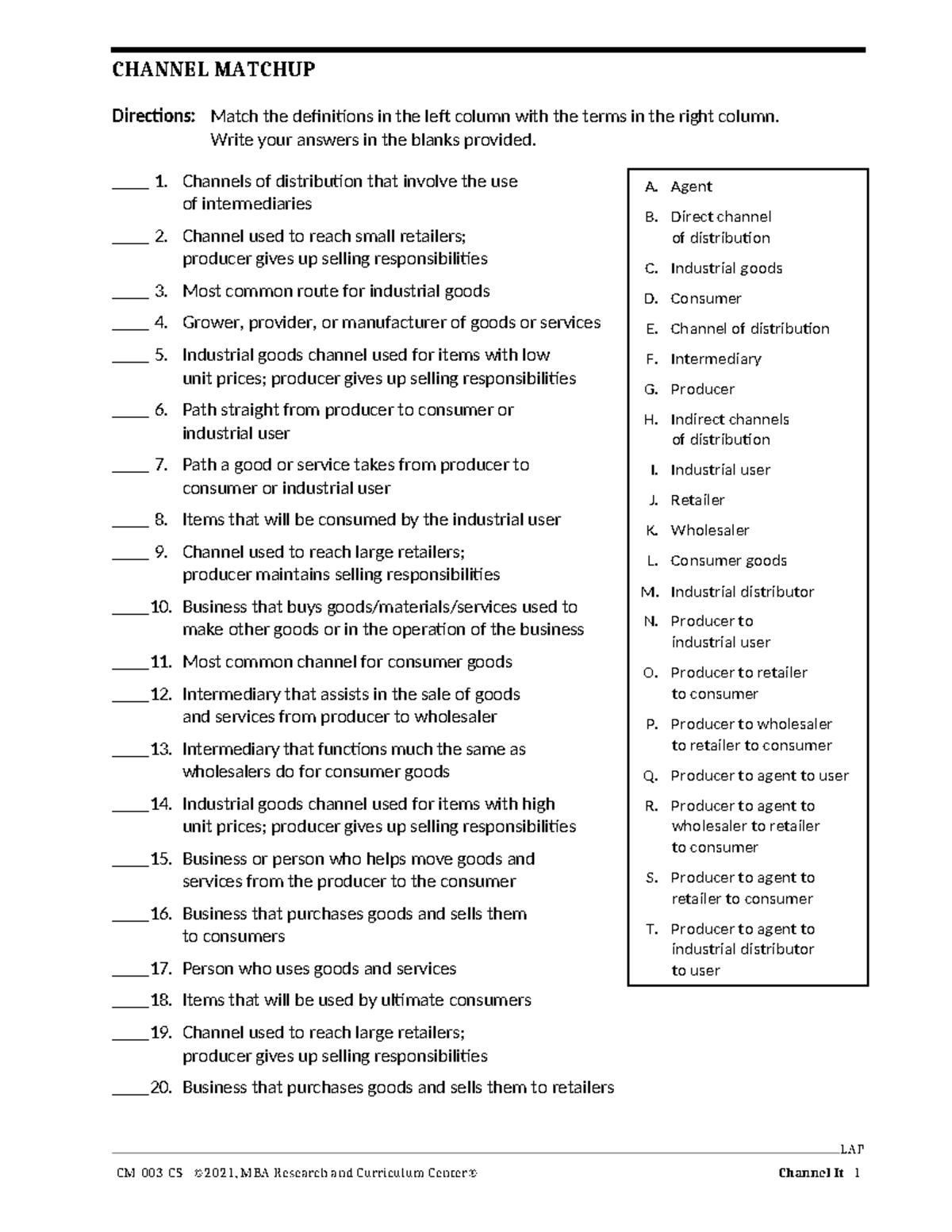 Channel Matchup-1 - CHANNEL MATCHUP Directions: Match the definitions ...