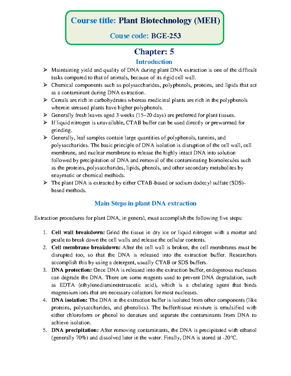 Note-253-DNA extraction - Chapter: 5 Introduction Maintaining yield and quality of DNA during ...