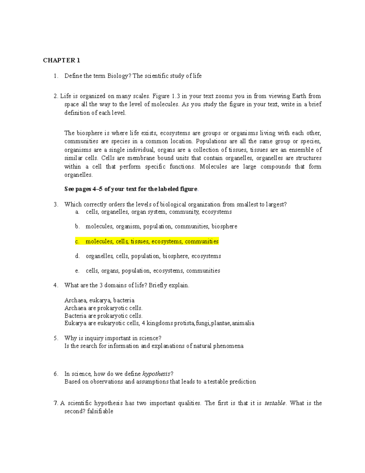 BIO 181-Study Guide-Week 1-Chapter 1 and 2 - CHAPTER 1 Define the term ...