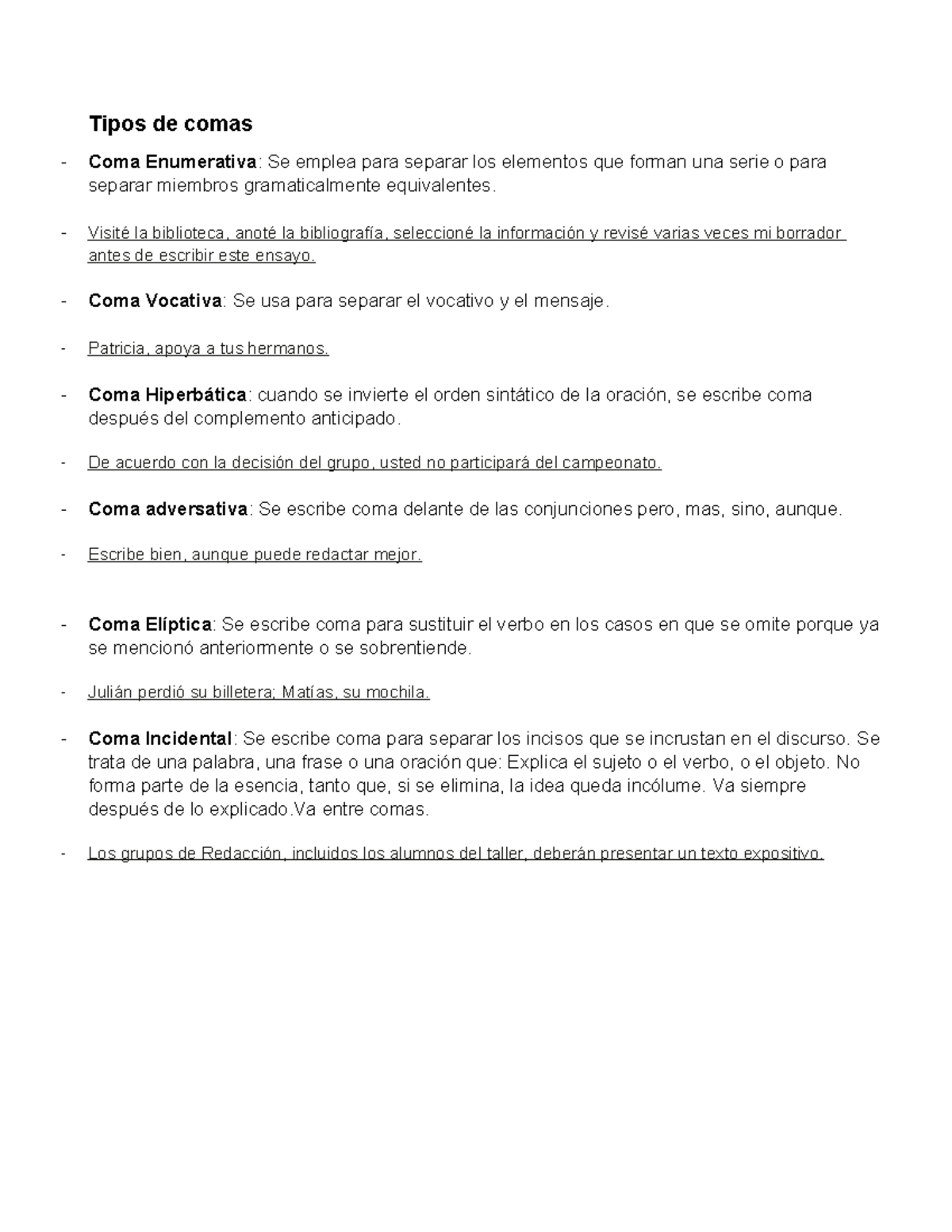 Tipos de comas - ejm - Tipos de comas - Coma Enumerativa: Se emplea para separar los elementos ...