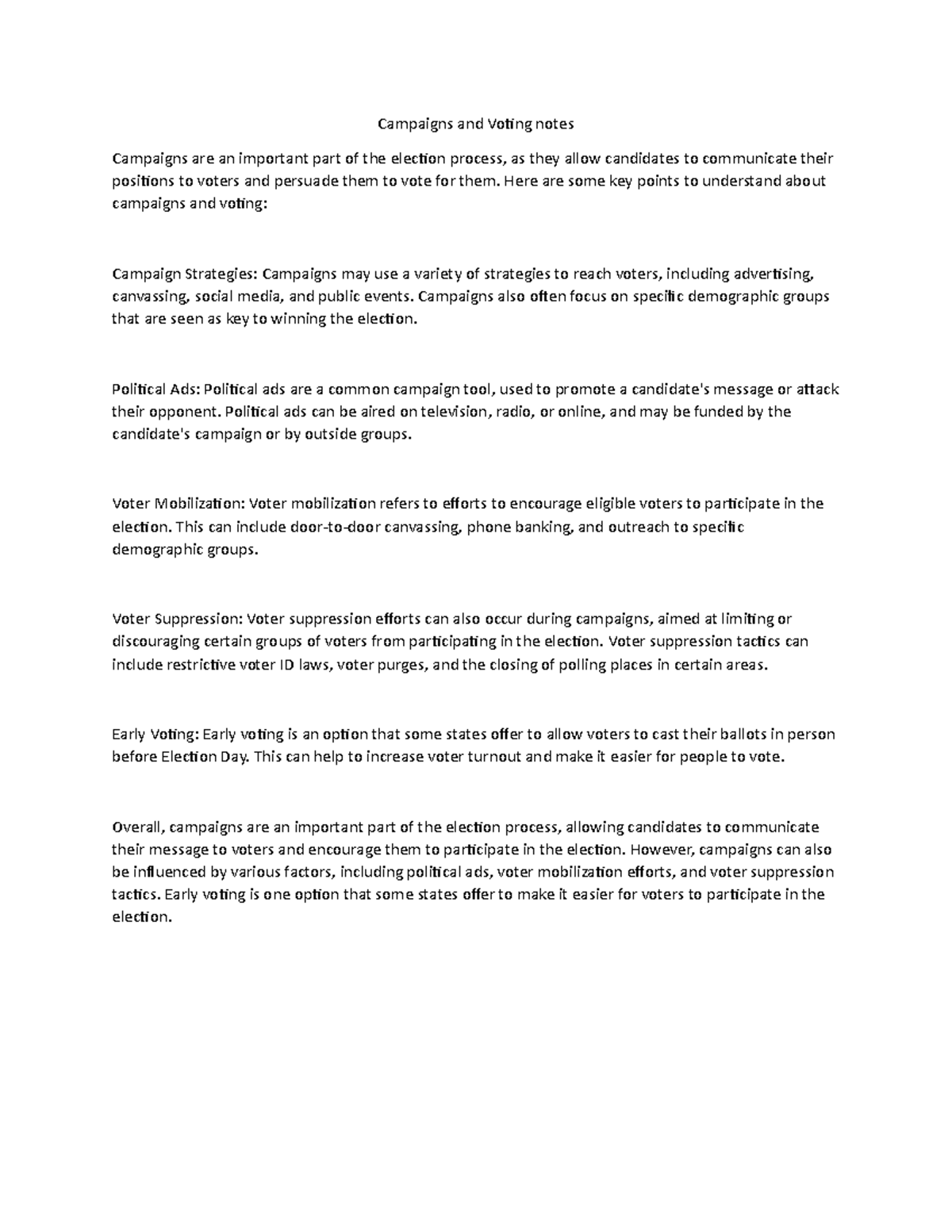 Campaigns and Voting notes - Campaigns and Voting notes Campaigns are ...