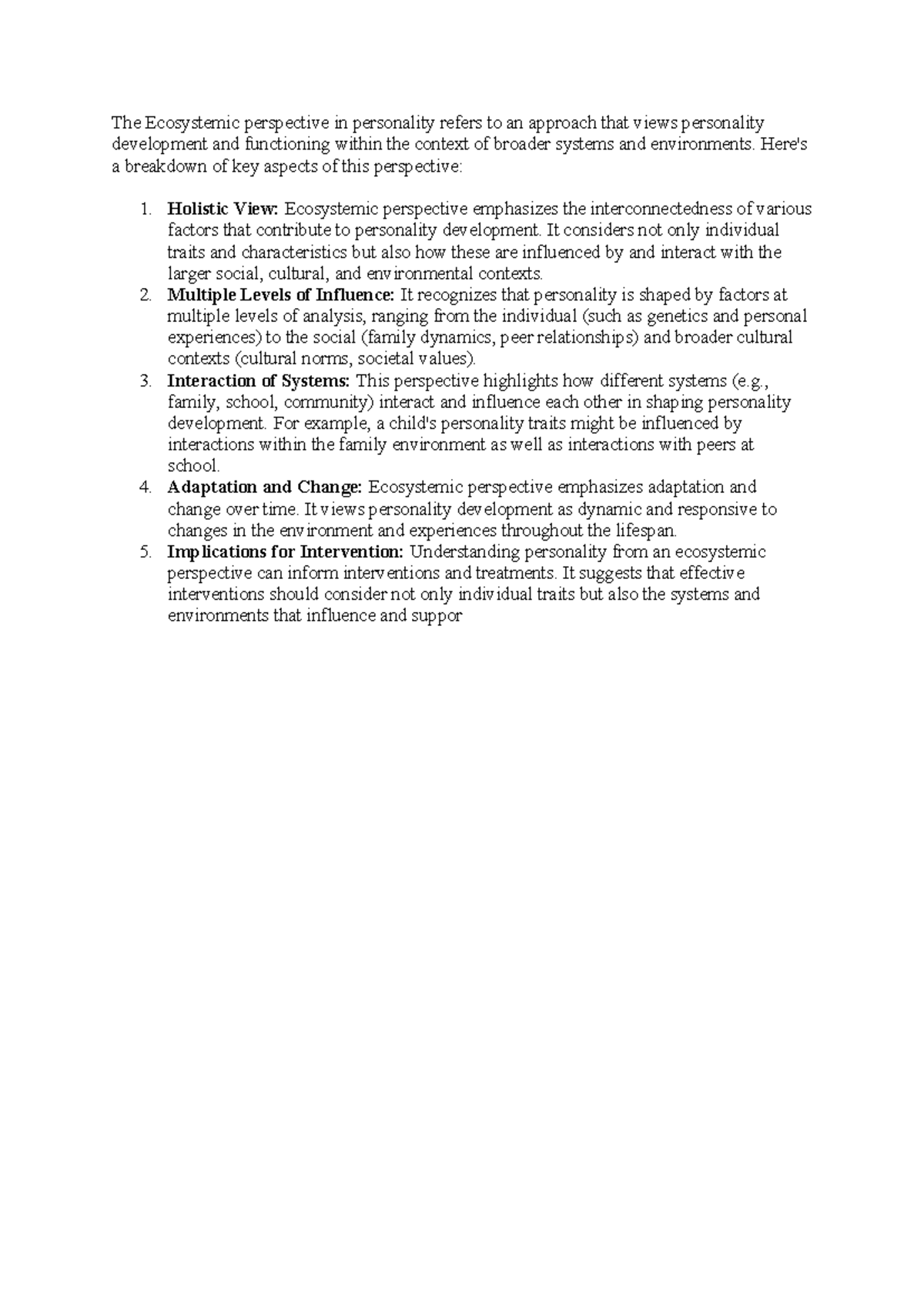 The Ecosystemic perspective in personality refers to an approach that ...