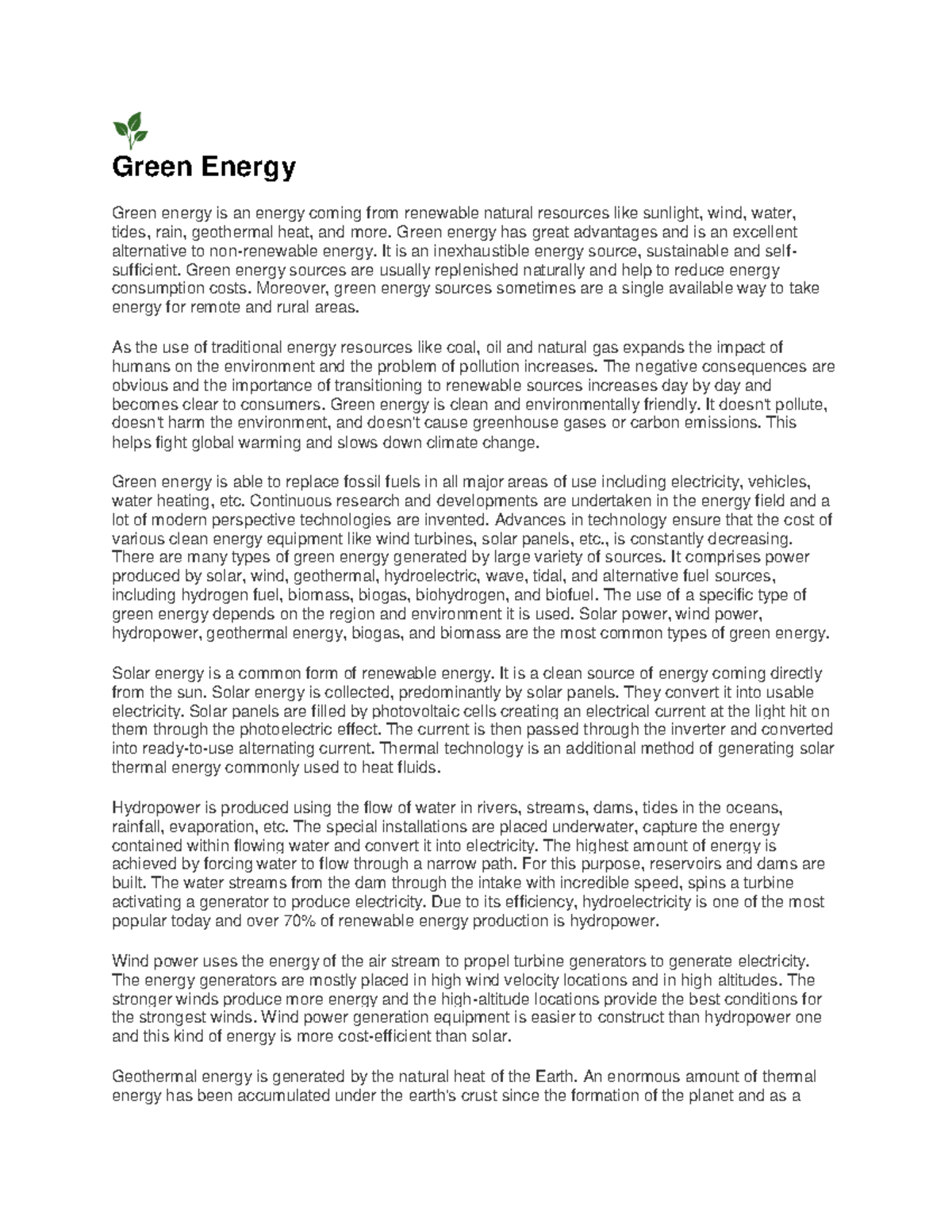 Green Energy lectures - Green Energy Green energy is an energy coming ...