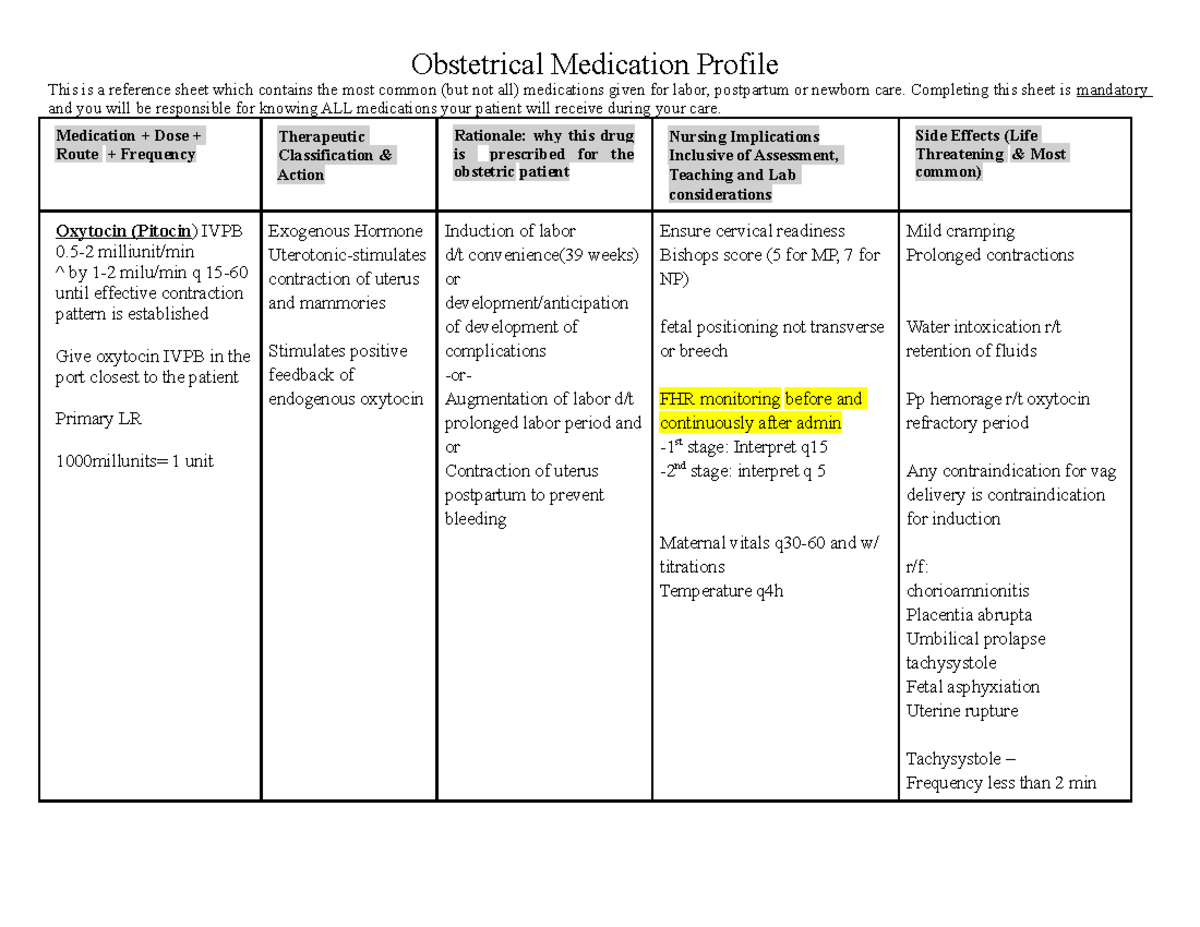 Obstetrical Medication Profile - Completing this sheet is mandatory and ...