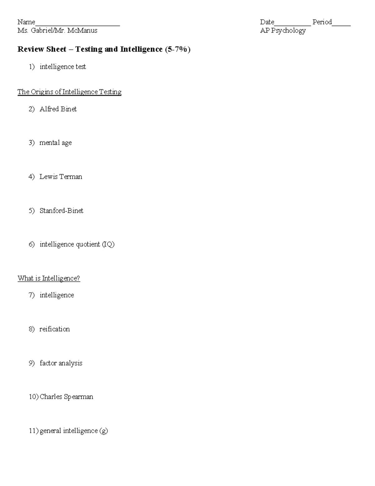 Review Sheet - Testing and Intelligence - Name ...