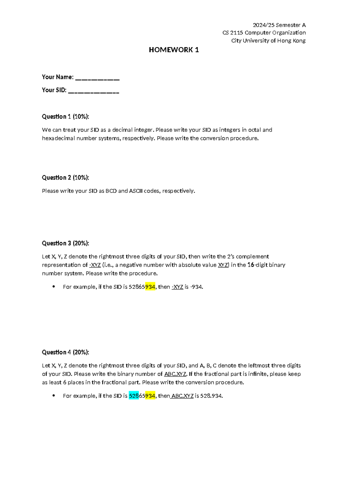 HW-1 - HW1 - 2024/25 Semester A CS 2115 Computer Organization City ...