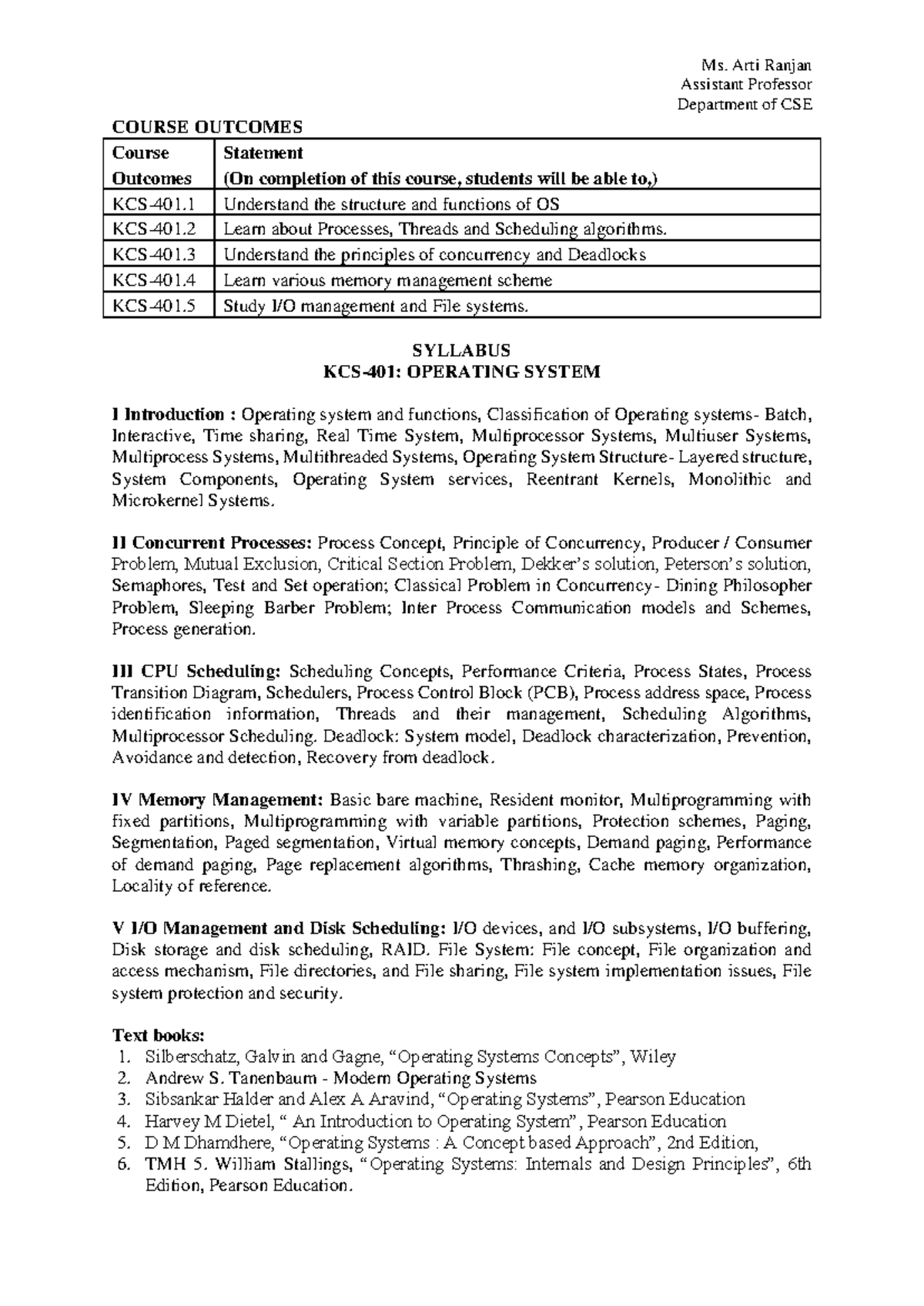 OS UNIT 1 Notes - Assistant Professor Department of CSE COURSE OUTCOMES ...
