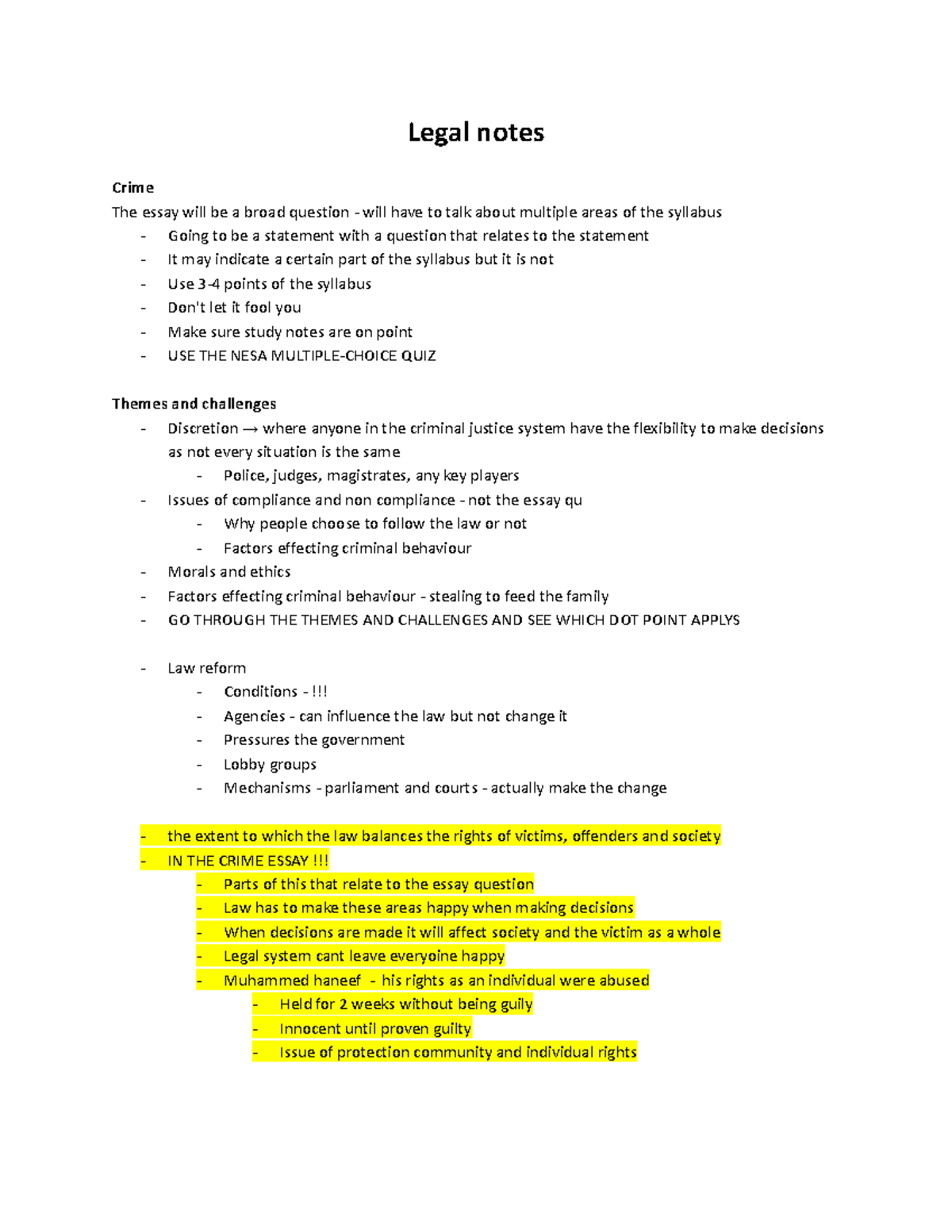 Legal notes - Legal notes Crime The essay will be a broad question ...