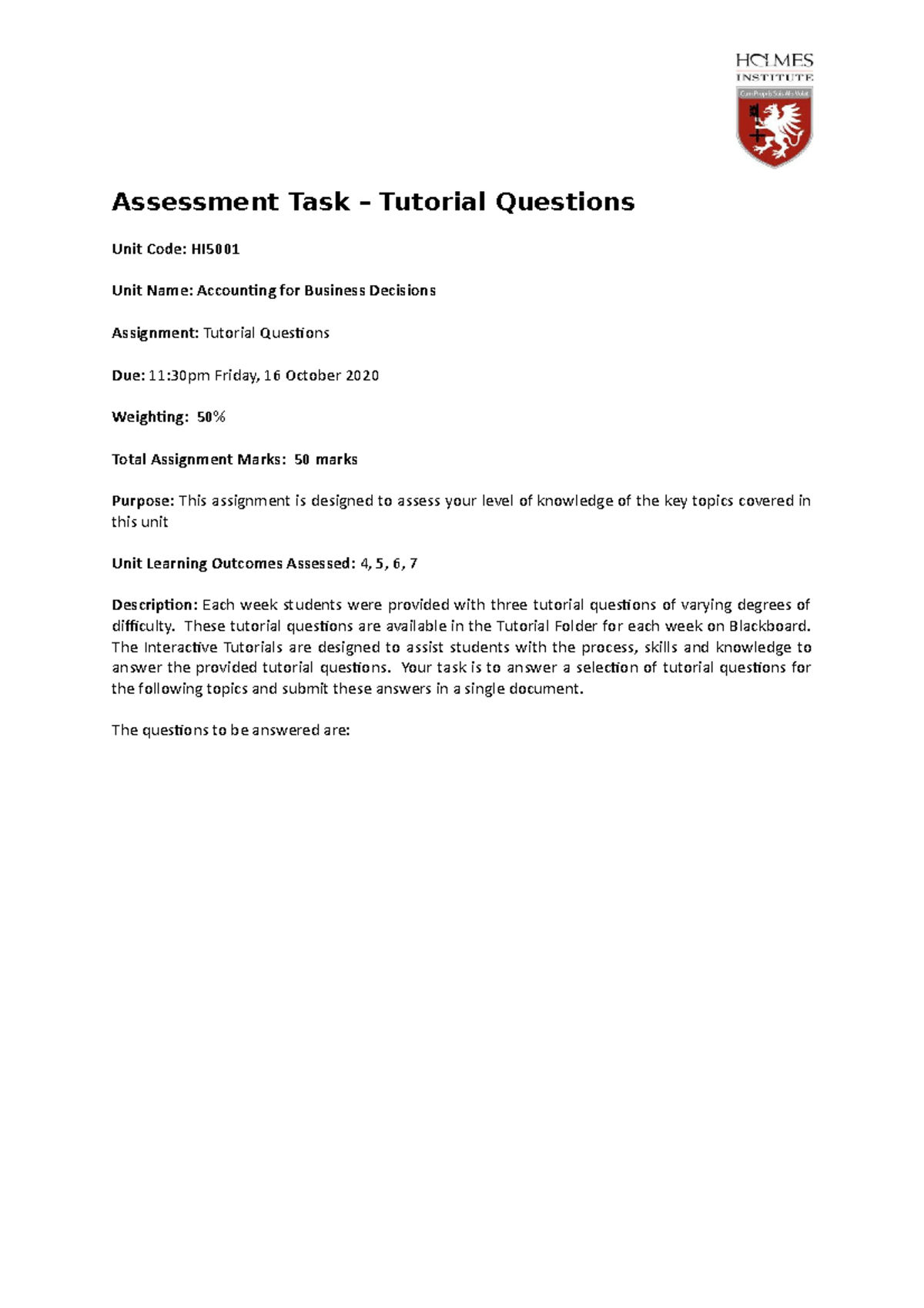 HI5001 Tutorial Question Assignment T2 2020- Final - Assessment Task – Tutorial Questions Unit ...