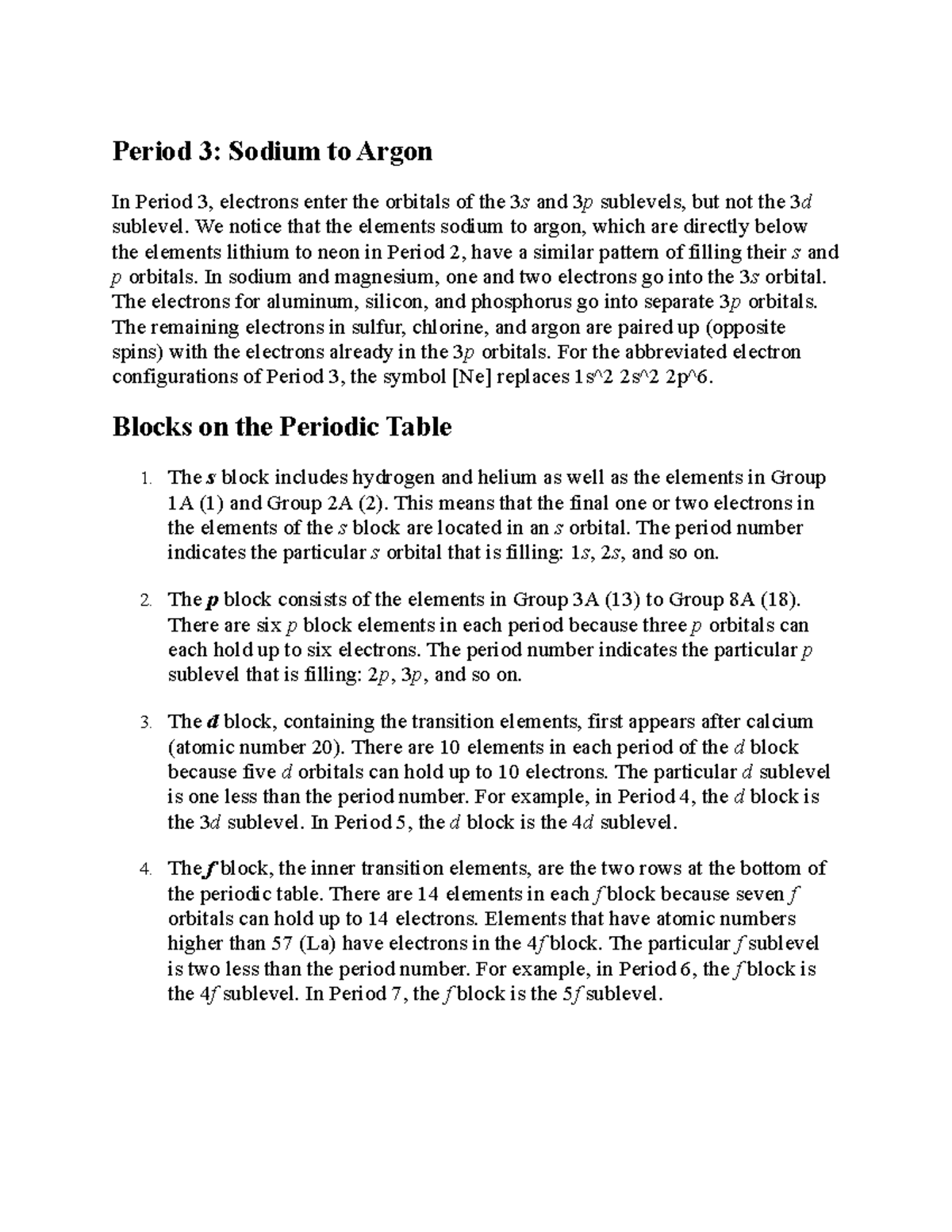 Chemistry ch4 notes - Period 3: Sodium to Argon In Period 3, electrons ...
