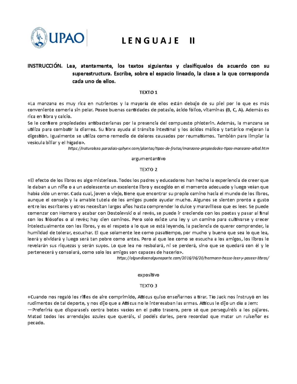 Clasificación Textual 1 -lenguaje - L E N G U A J E II INSTRUCCIÓN. Lea ...