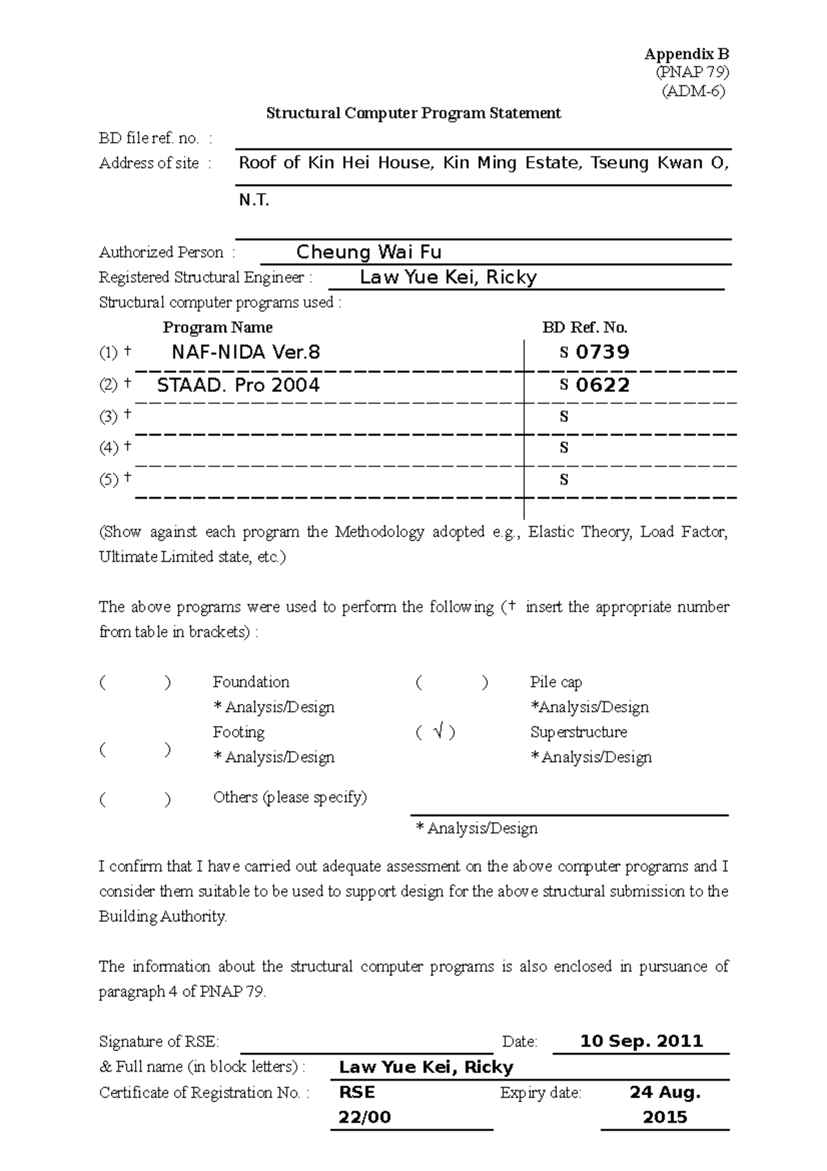 BA computer program statment - Appendix B (PNAP 79) (ADM-6) Structural ...