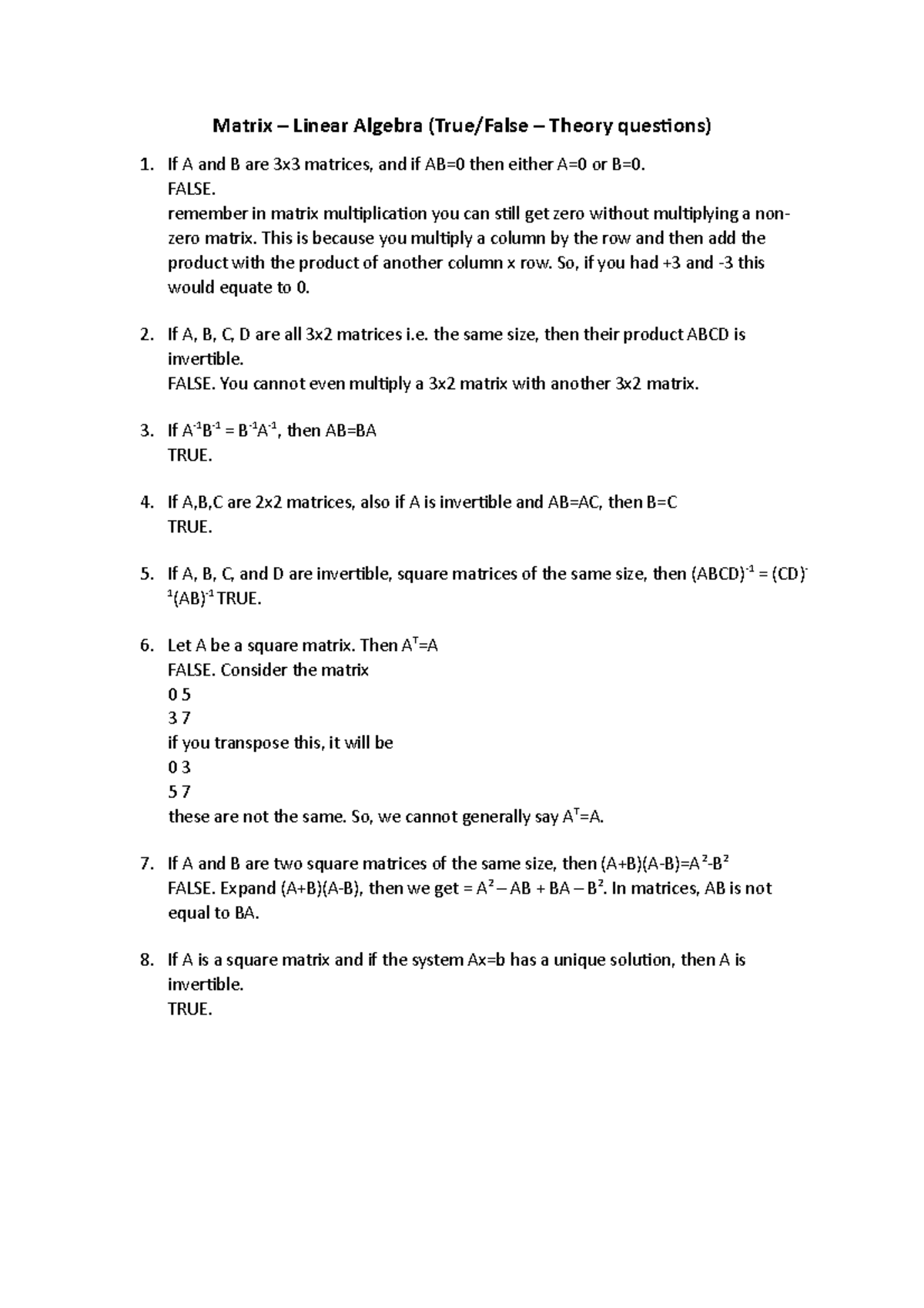 Linear algebra - matrices - true flase with explanation - Matrix – Linear Algebra (True/False ...