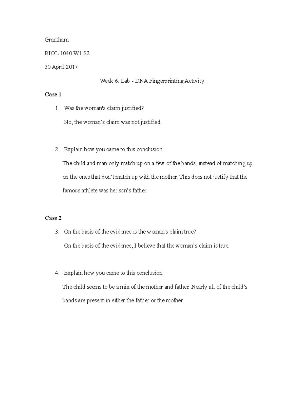 Week 6 Lab DNA Fingerprinting Activity - Grantham BIOL 1040 W1 S 30 ...
