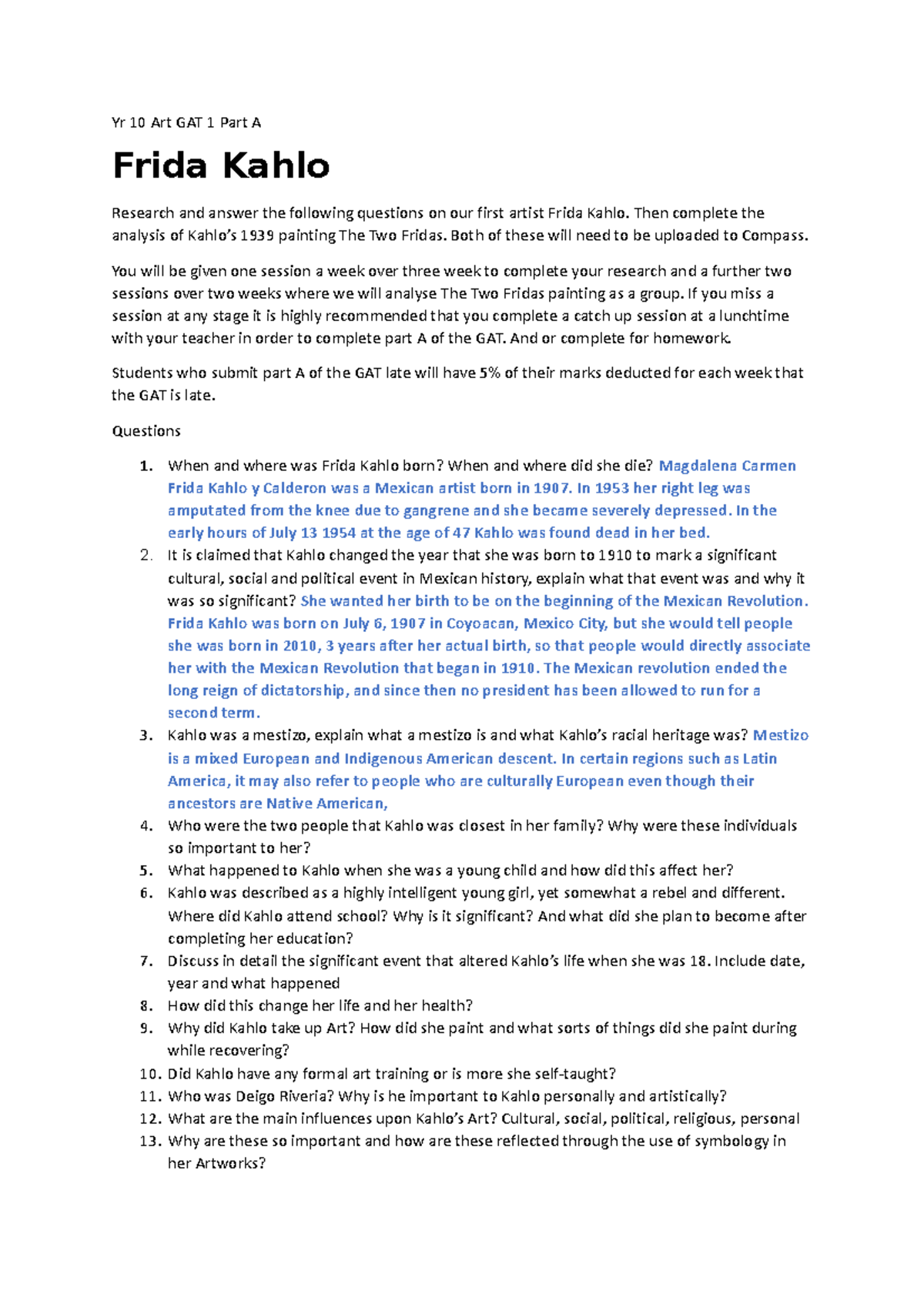 Yr 10 Art GAT 1 Research Part A Frida Kahlo - Yr 10 Art GAT 1 Part A ...