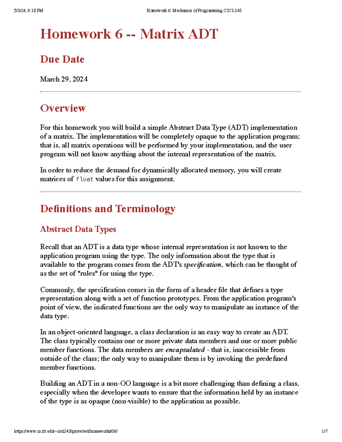 Homework 6 Mechanics of Programming CSCI-243 - Homework 6 - Matrix ADT Due Date March 29, 2024 ...