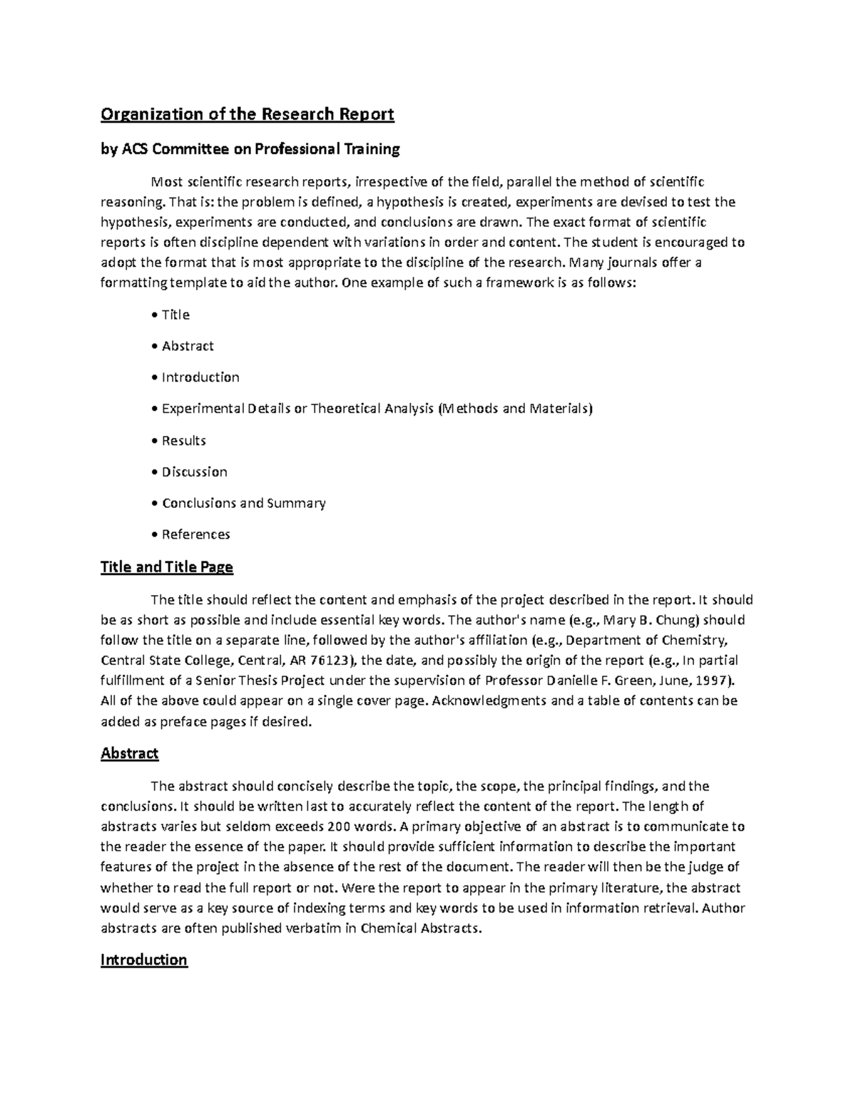 Organization of the Research Report - That is: the problem is defined ...