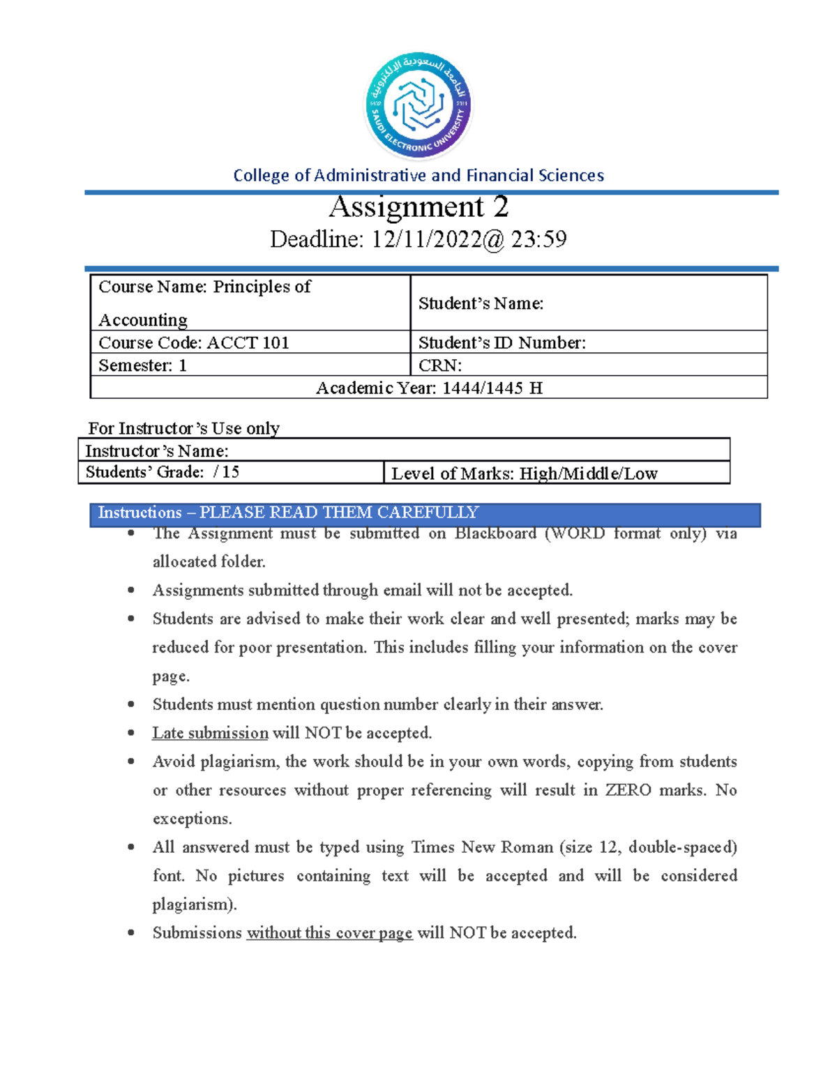 ACCT101-Assignment 2-03 - College of Administrative and Financial ...