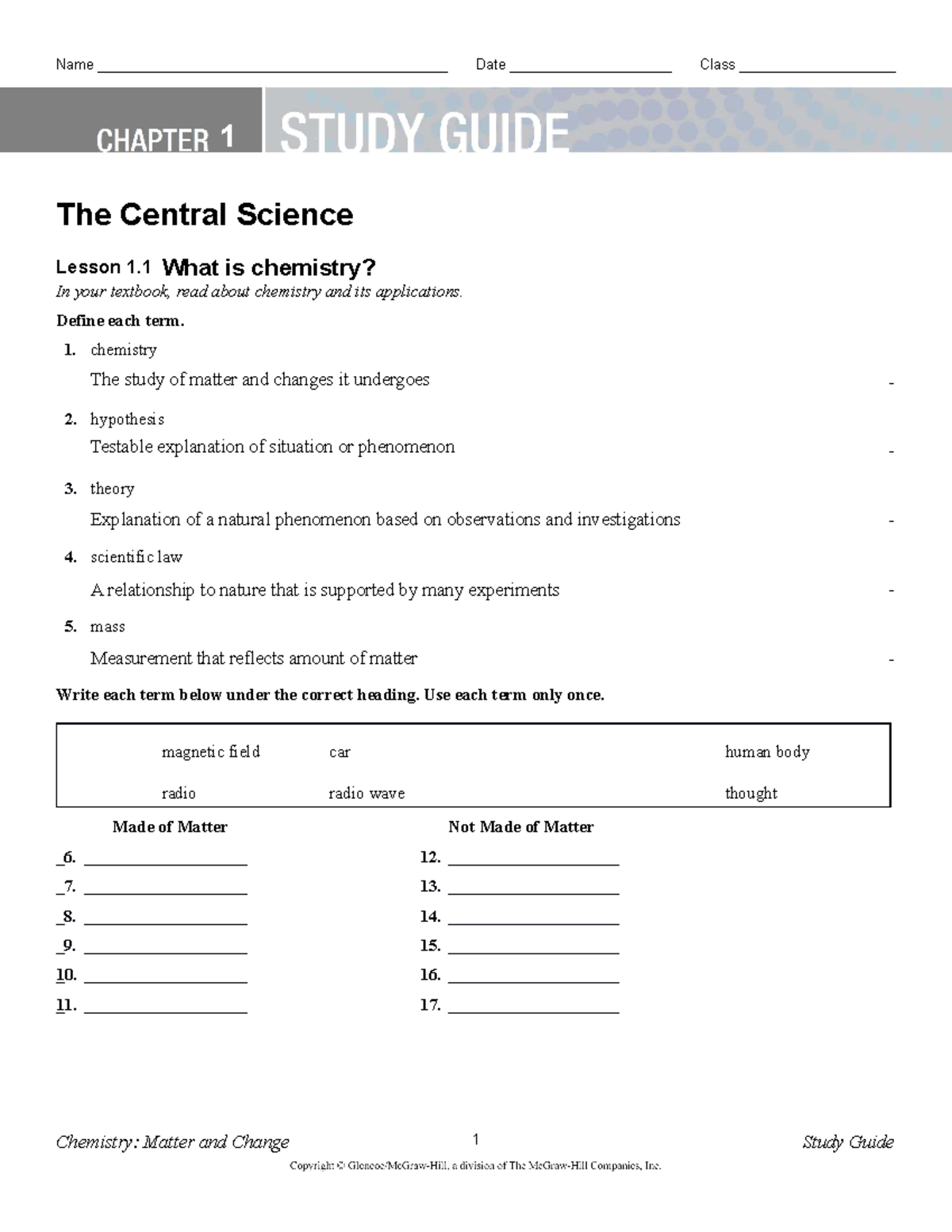 Chemistry study guide - The Central Science Lesson 1 What is chemistry? In your textbook, read ...