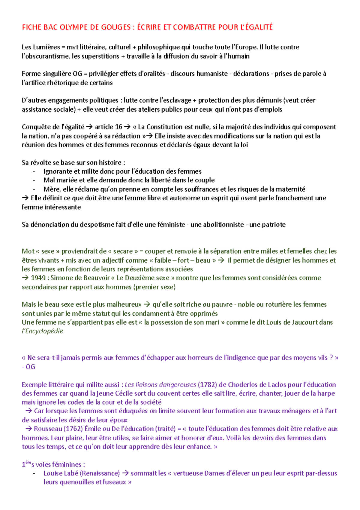 Fiche BAC Olympe DE Gouges - FICHE BAC OLYMPE DE GOUGES : ÉCRIRE ET ...