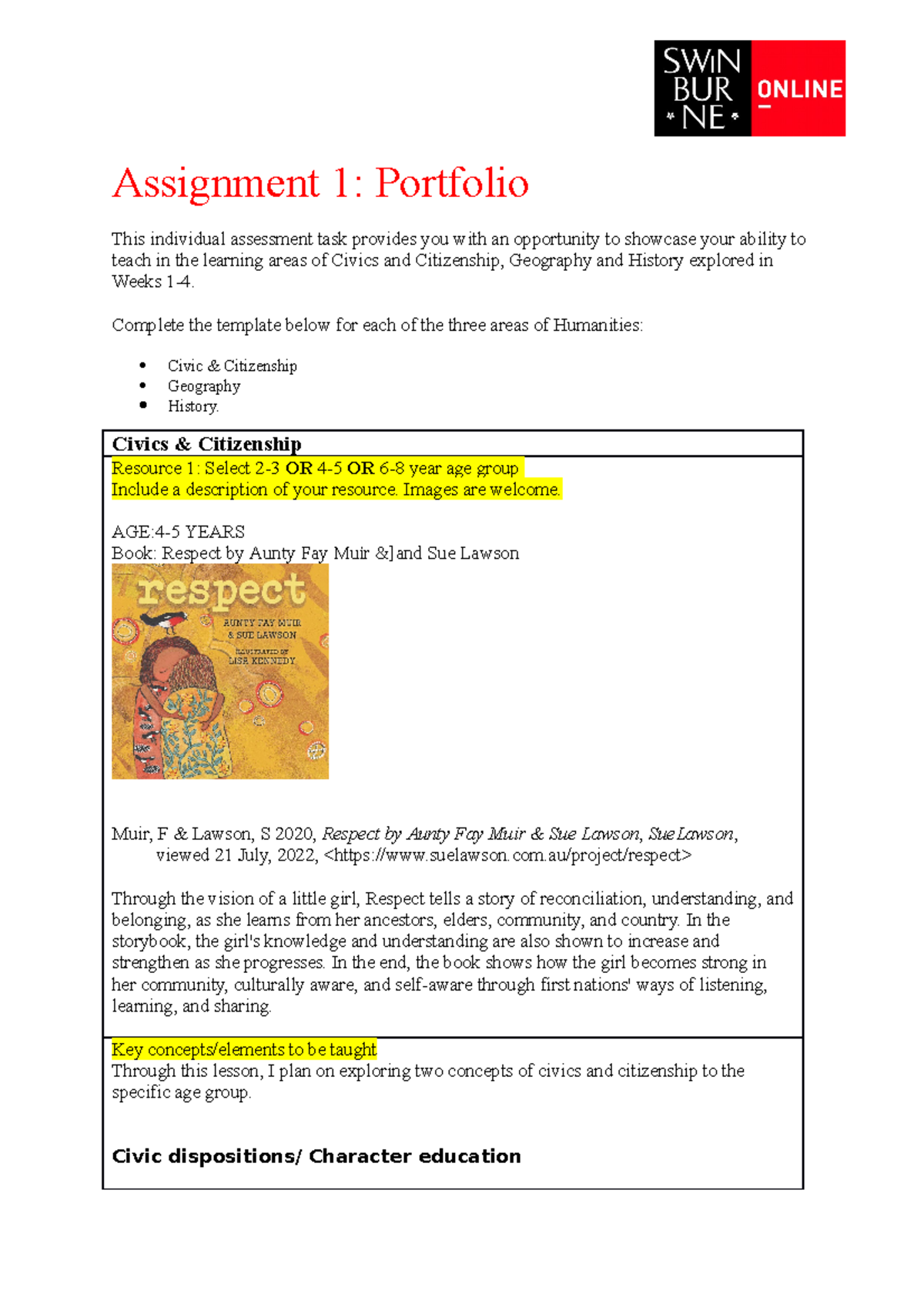 EDU30006 Assignment 1 - good document - Assignment 1: Portfolio This individual assessment task ...