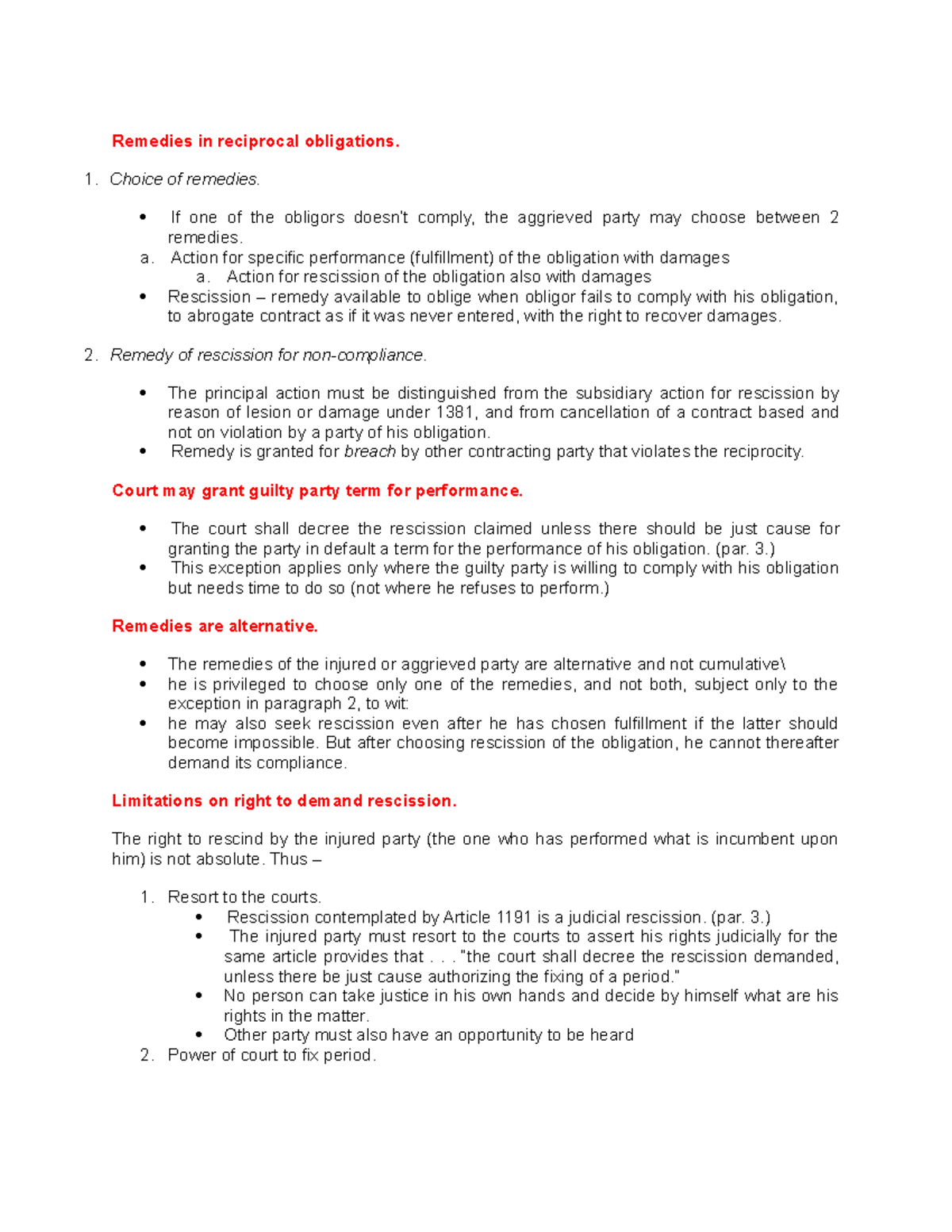Law on Obligations and Contract - Remedies in reciprocal obligations ...