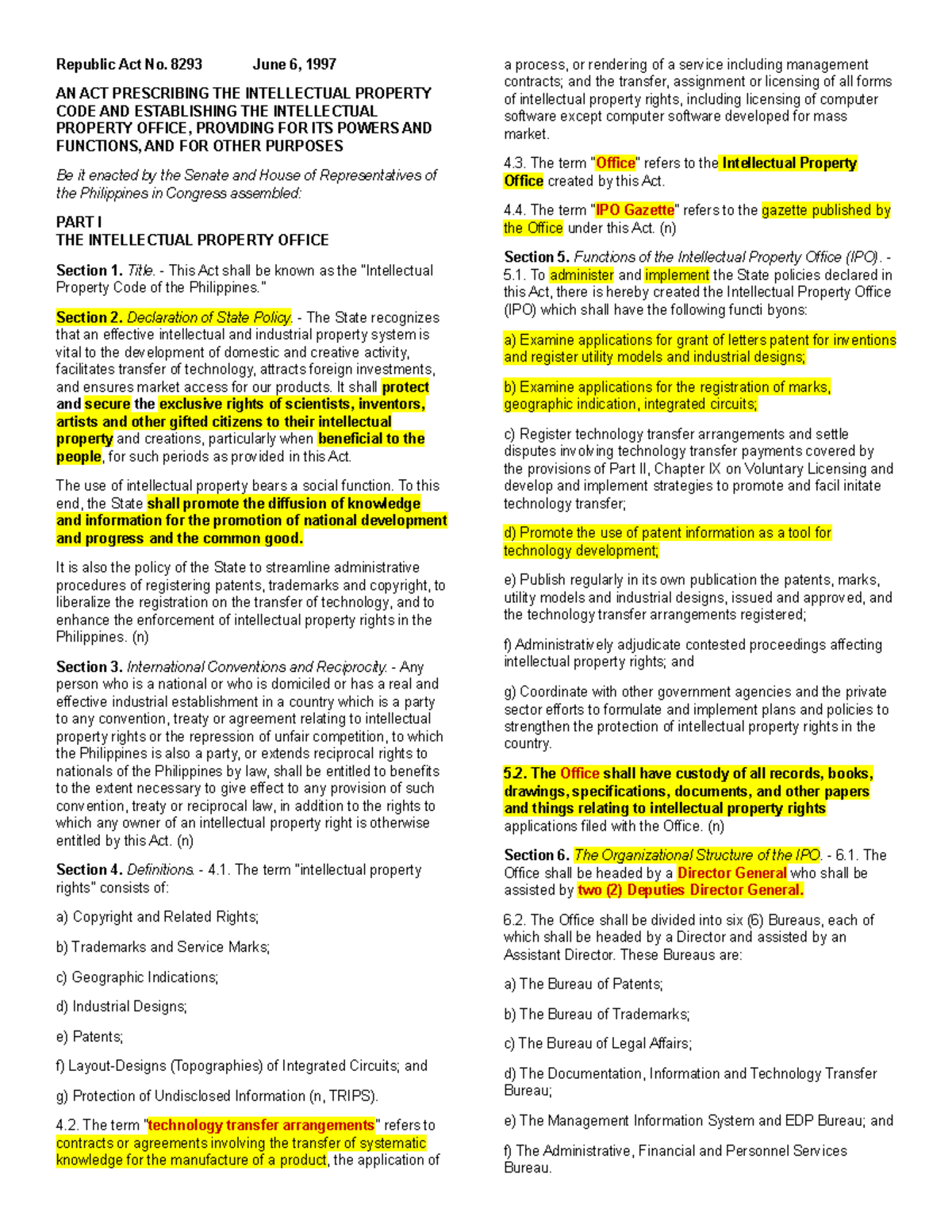 Republic Act No 8293 Intellectual Property LAW - Republic Act No. 8293 June 6, 1997 AN ACT - Studocu