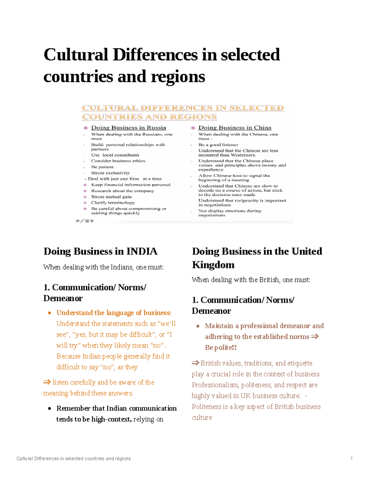 Managing across culture - Cultural Differences in selected countries ...