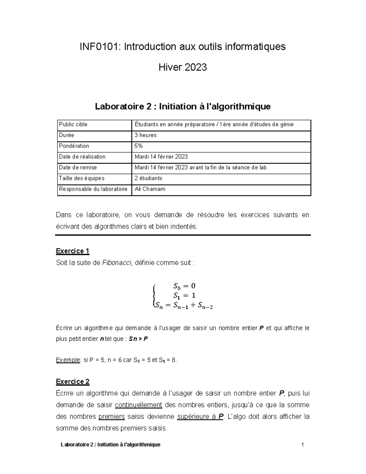 Lab2 Algo-H23 - Laboratoire 2 - Laboratoire 2 : Initiation à l'algorithmique 1 INF0101 ...