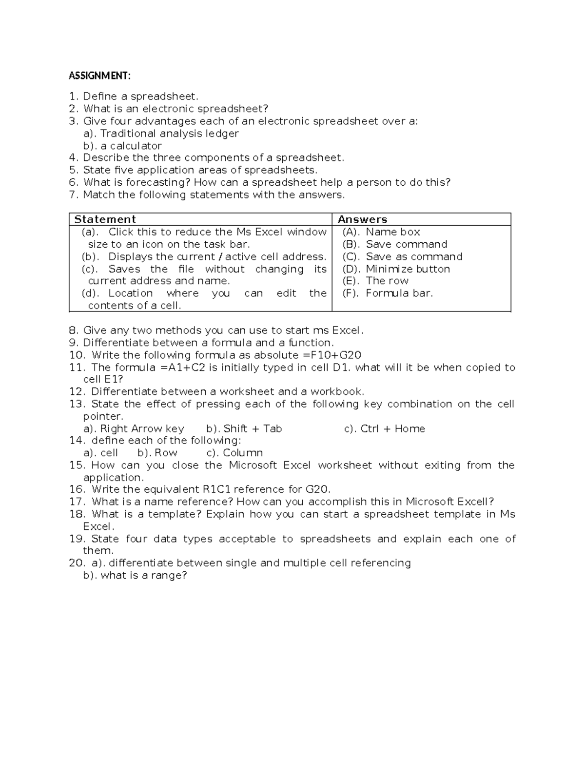 Assignment - Revision notes - ASSIGNMENT: Define a spreadsheet. What is ...