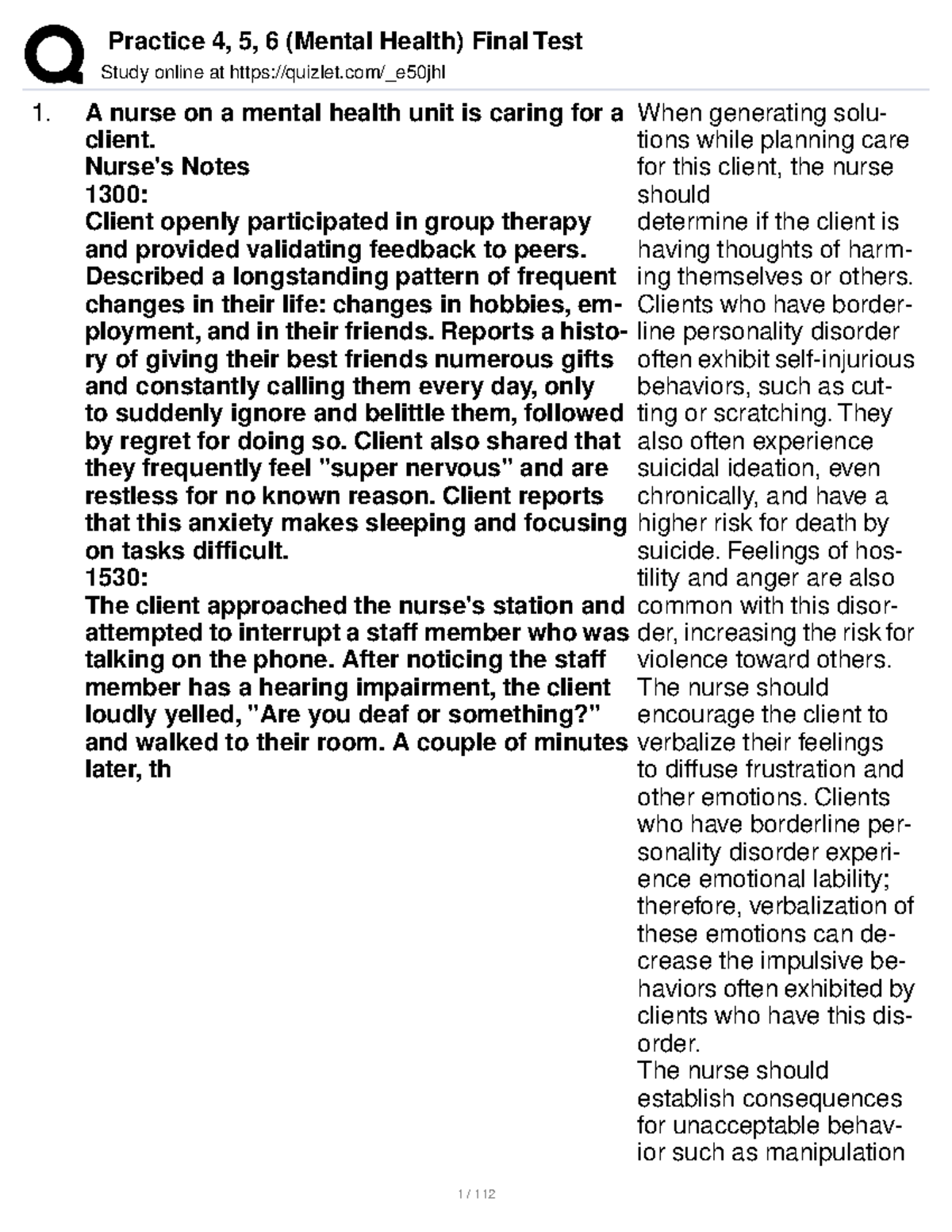 Mental Health Final EXAM Quizlet - Study online at quizlet/_e50jhl A ...