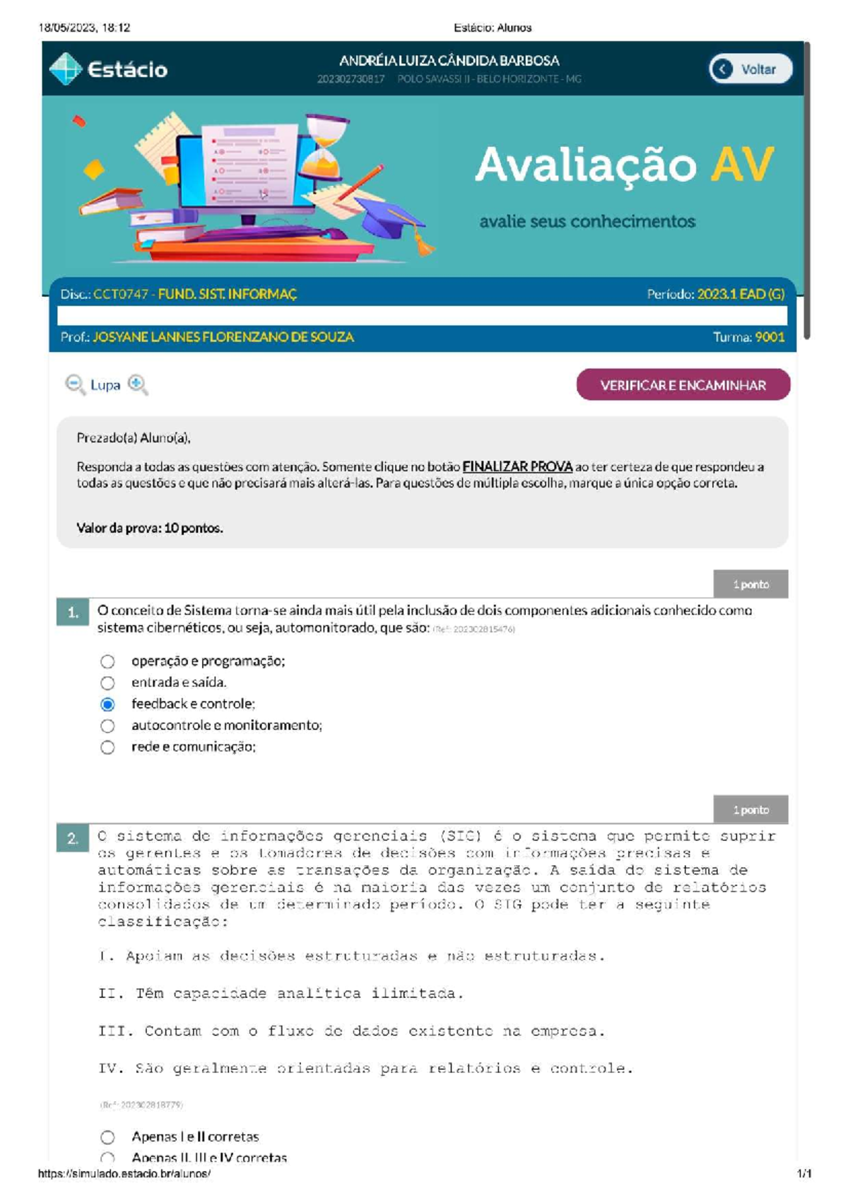 Prova - Fundamentos de Sistema da informação - FUNDAMENTOS DE SISTEMAS ...
